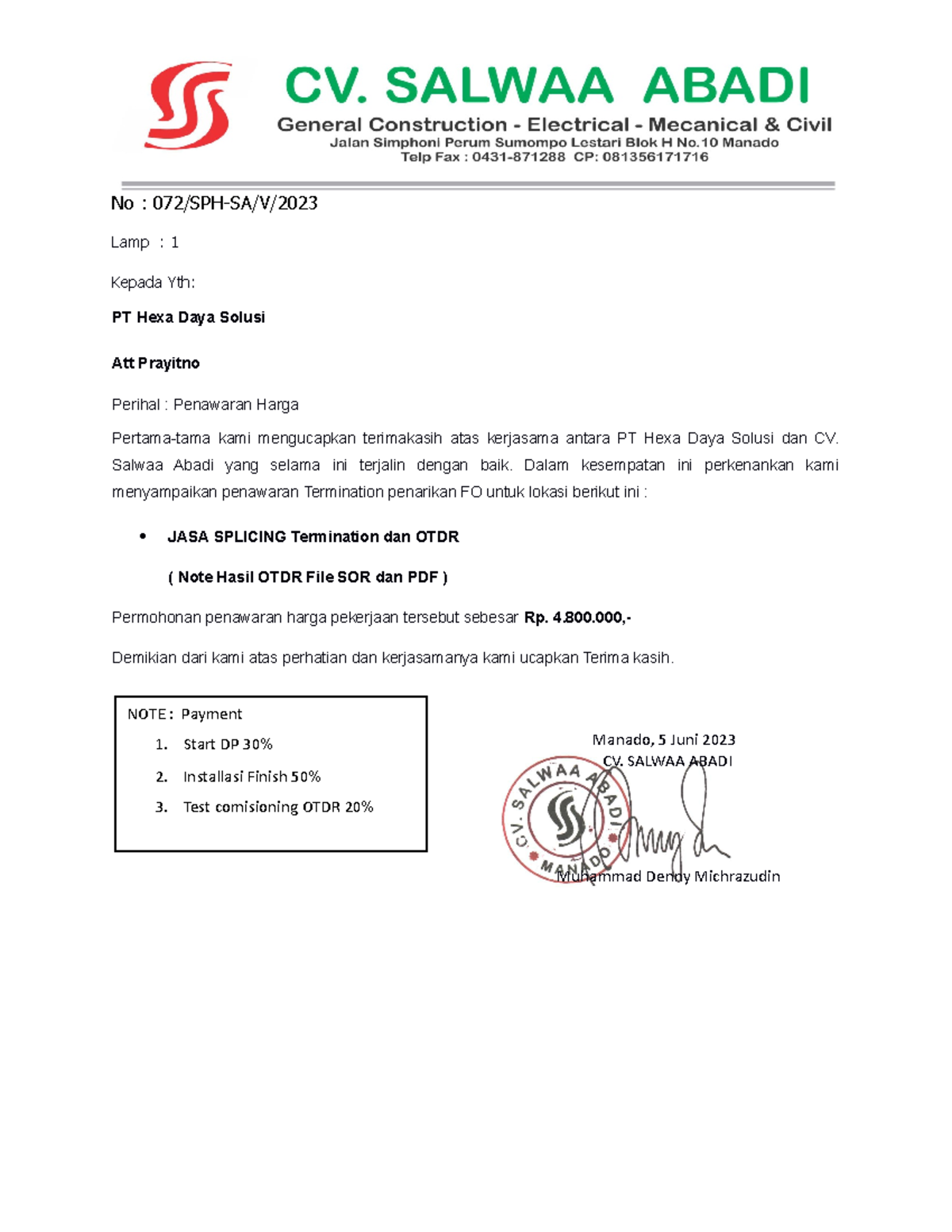 SPH PT - this is example - No : 0 72 /SPH-SA/V/ Lamp : 1 Kepada Yth: PT ...