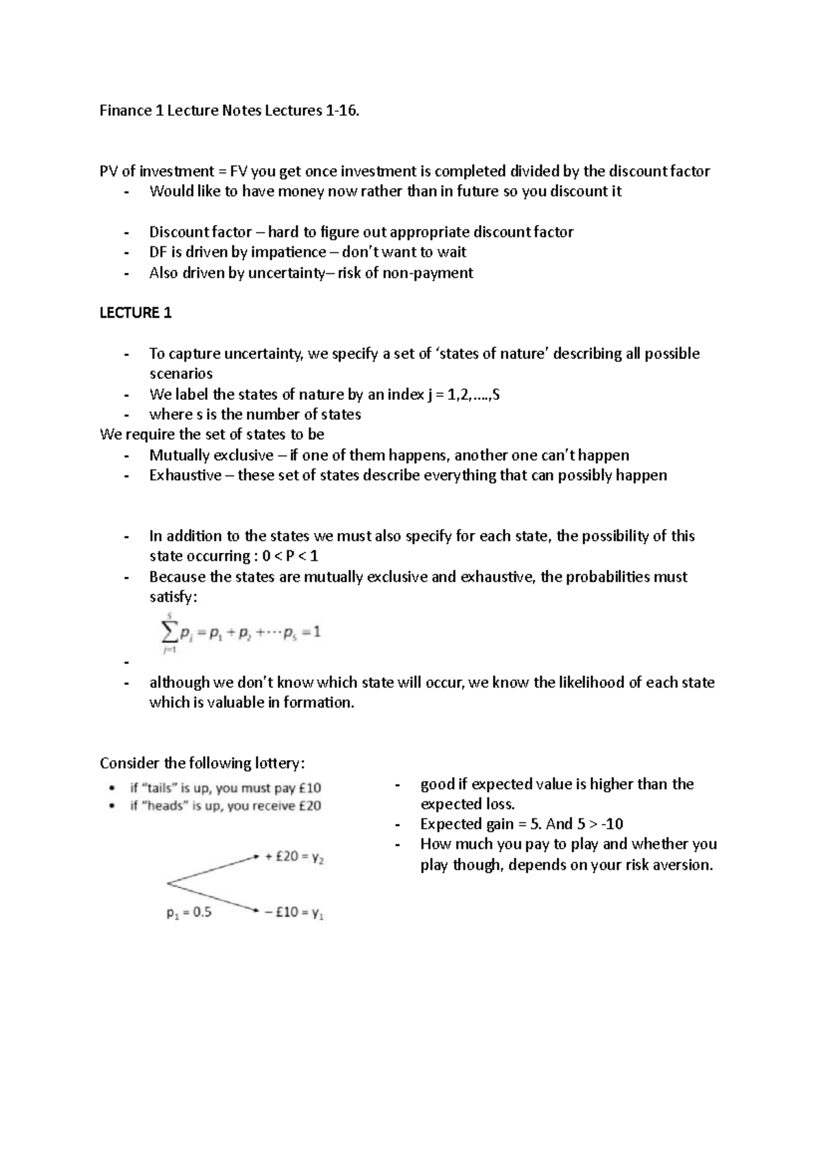 Finance 1 Lecture Notes - Finance 1 Lecture Notes Lectures 1-16. PV of ...