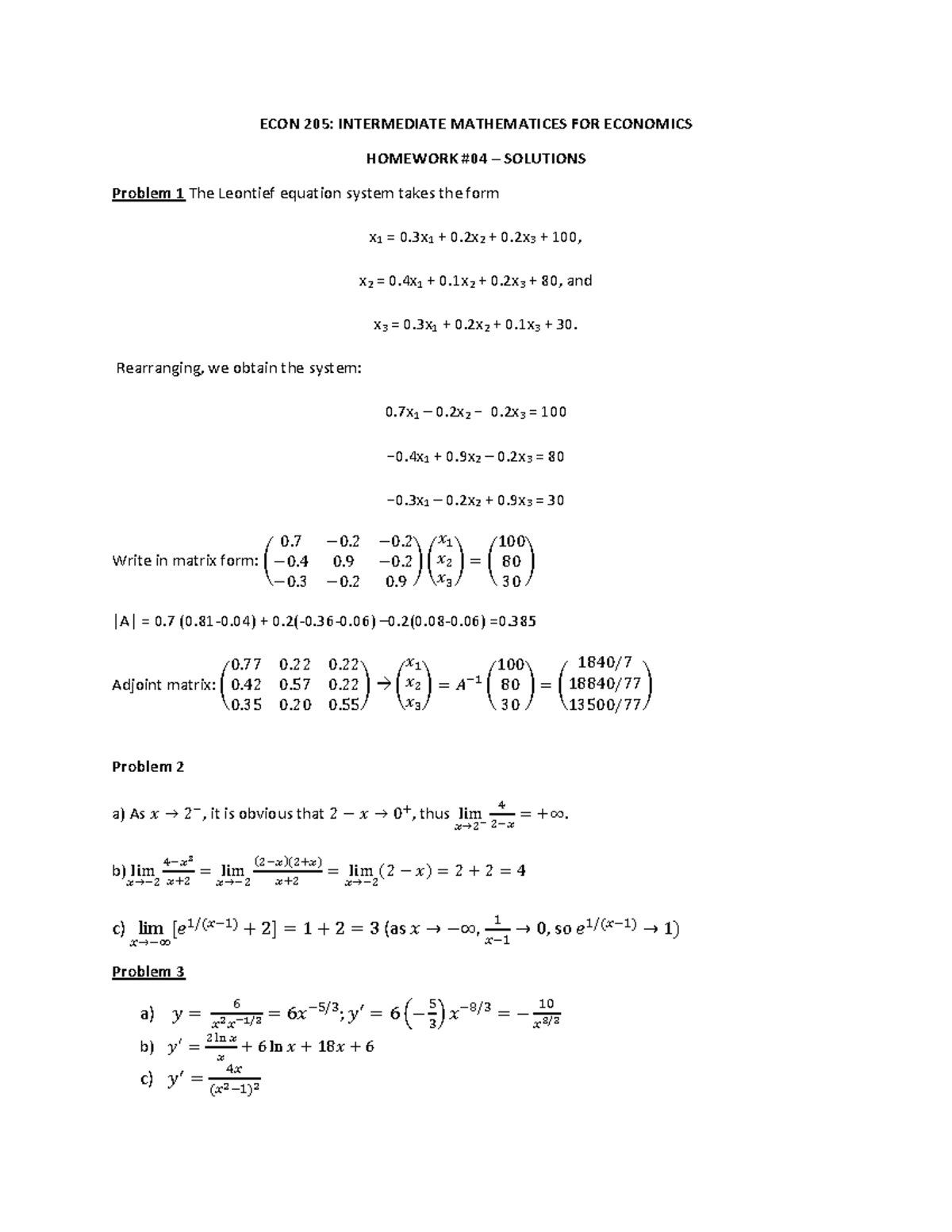 Homework 4 solution - ECON 205: INTERMEDIATE MATHEMATICES FOR ECONOMICS ...