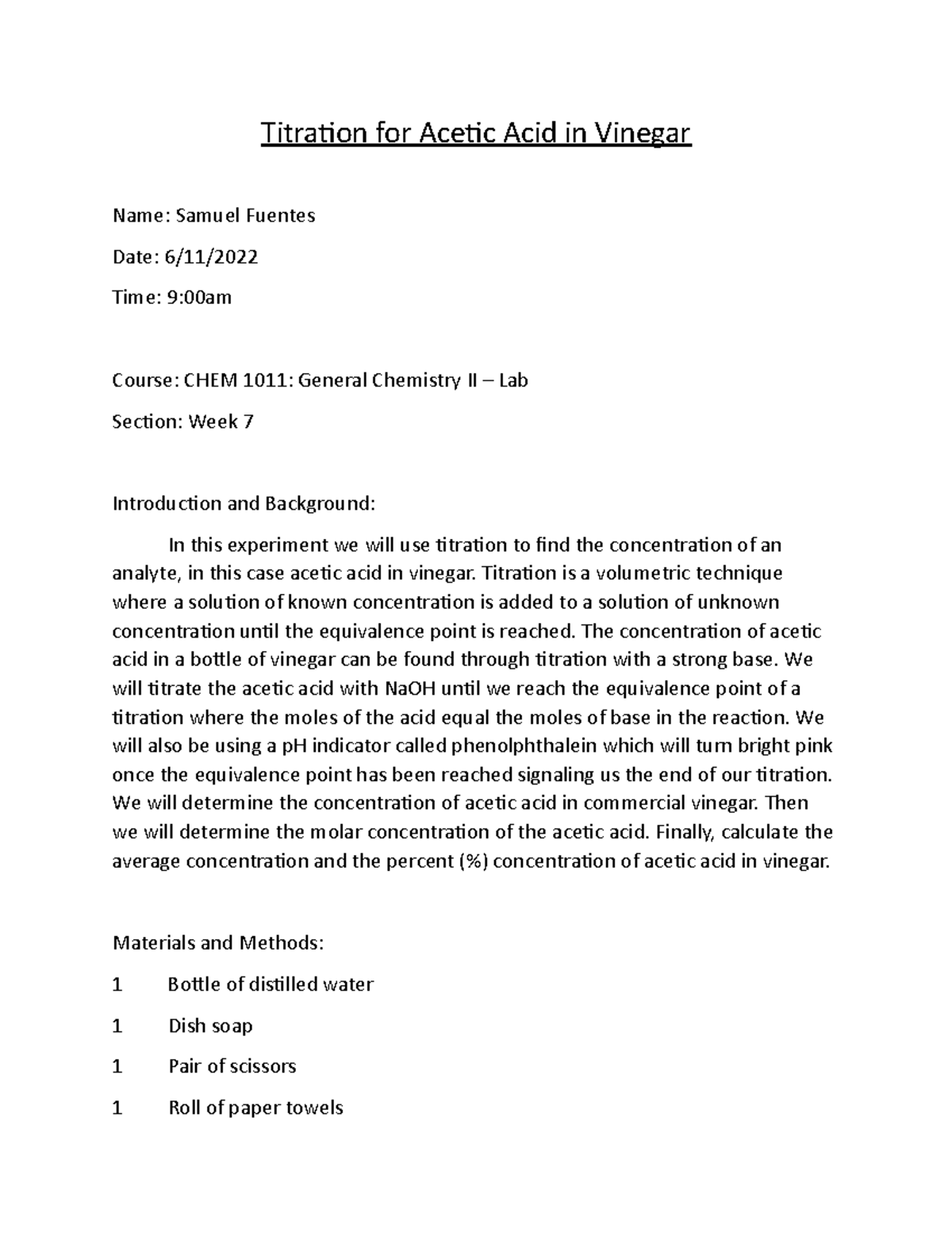 Samuel Fuentes week 7 lab report - Titration for Acetic Acid in Vinegar ...