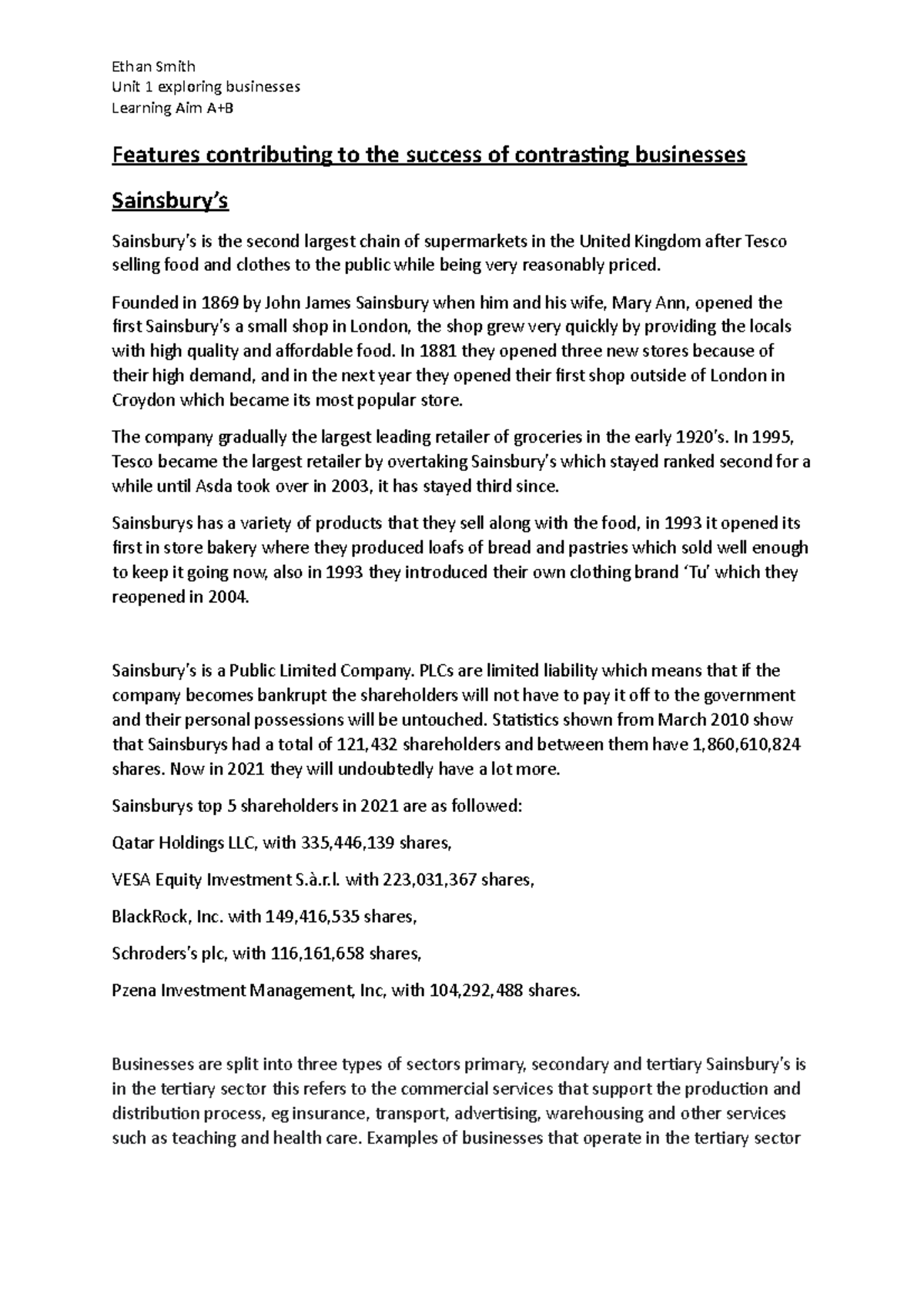 Business Learning Aim A + B Merit - Unit 1 exploring businesses ...