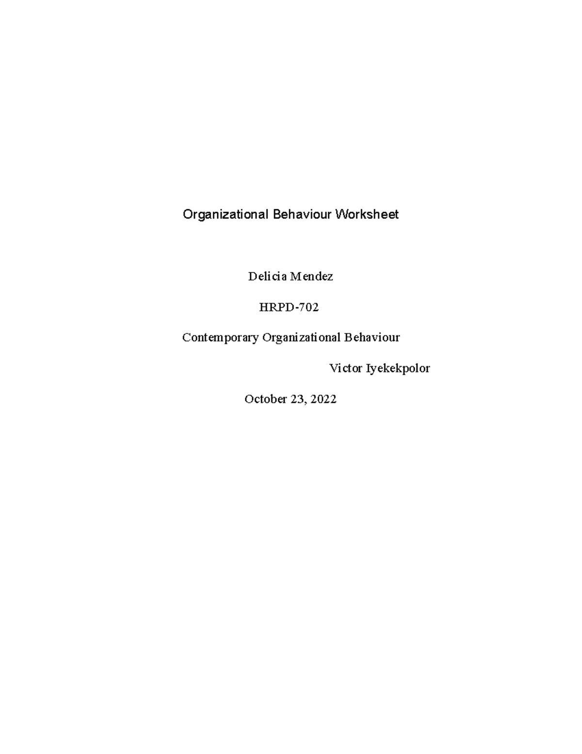 Organizational Behaviour Worksheet - Organizational Behaviour Worksheet ...