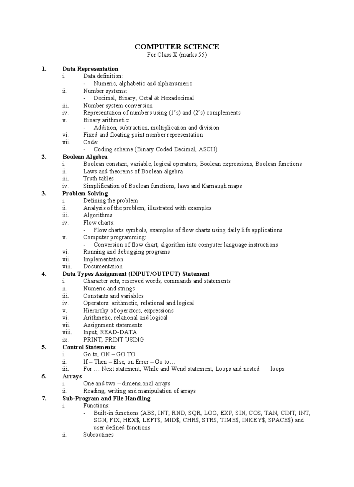 Computer Science - COMPUTER SCIENCE For Class X (marks 55) 1. Data ...
