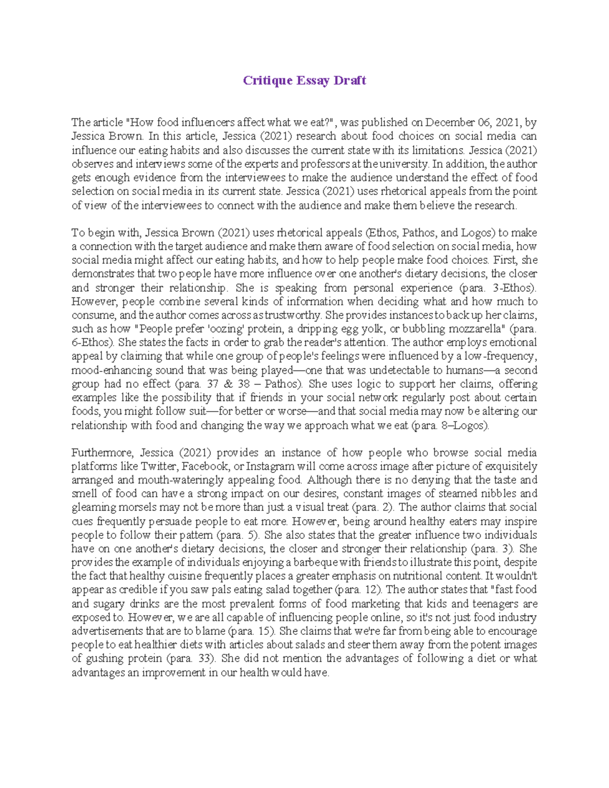 Critique Essay Draft - In this article, Jessica (2021) research about ...