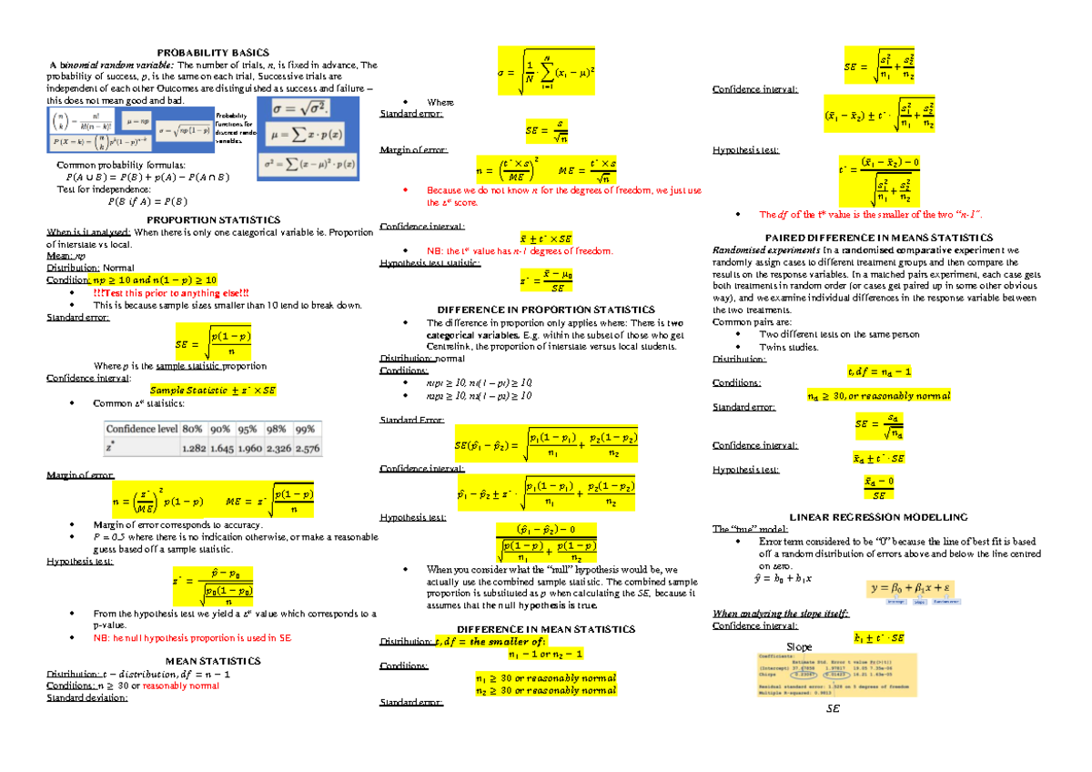 STAT Cheat Sheet 2018 EXAM - PROBABILITY BASICS A binomial random ...