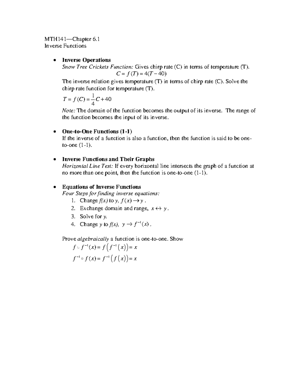 Mth141 61 Notes This Page Shows How To Solve Inverse Functionsoperations One To One