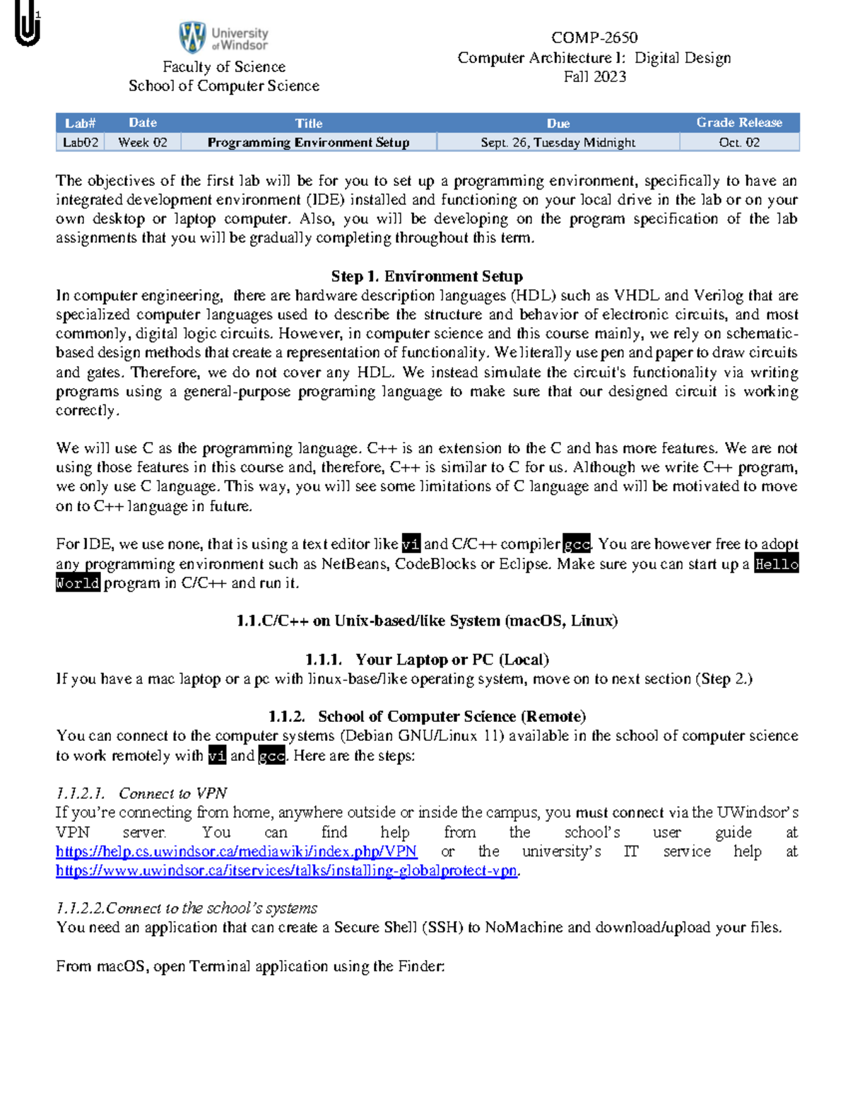 Lab02 Manual - Lab HM - Faculty of Science School of Computer Science COMP- Computer ...