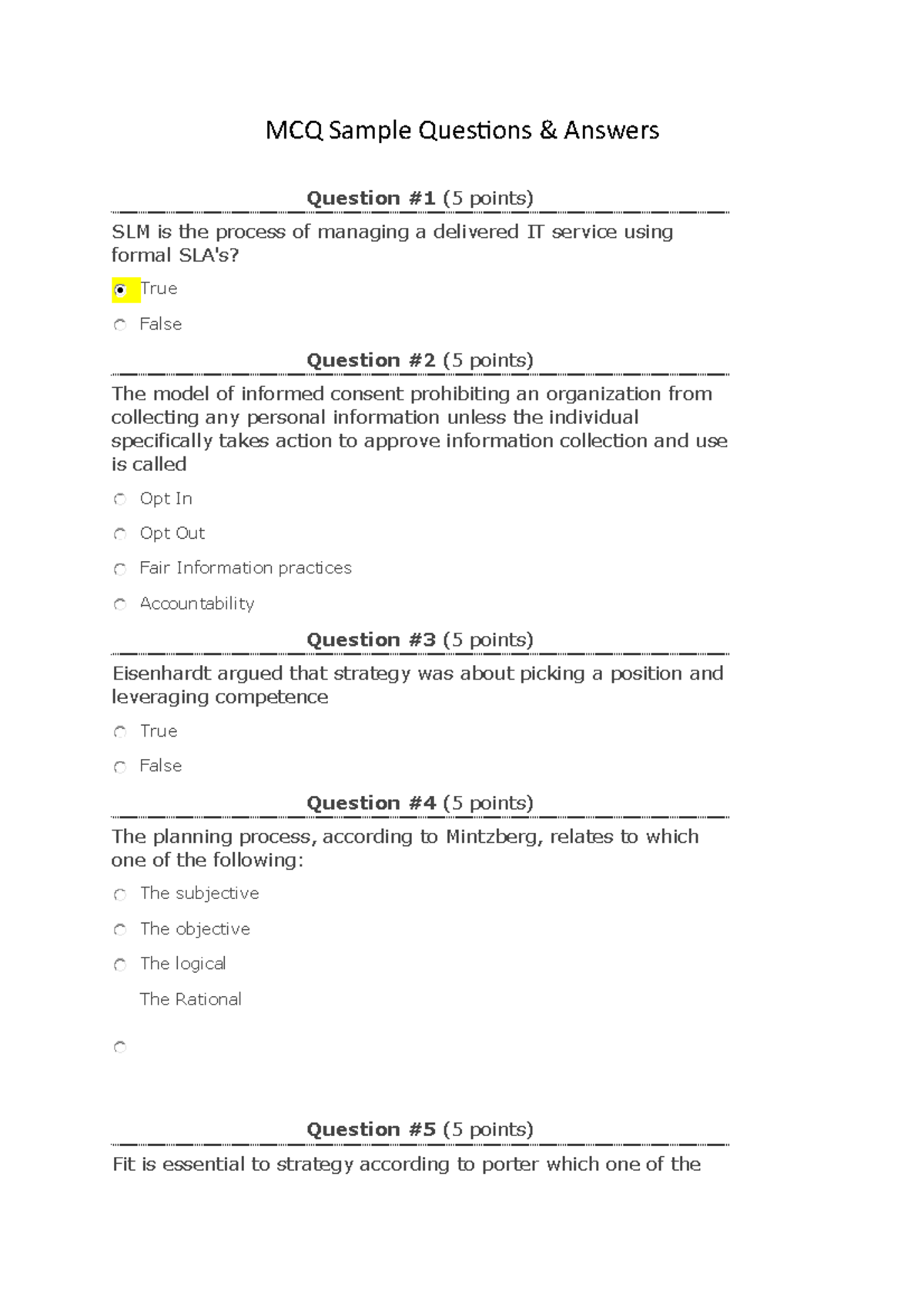 Strategy MCQ Past Questions (With Answers) (set 1) - MCQ Sample ...