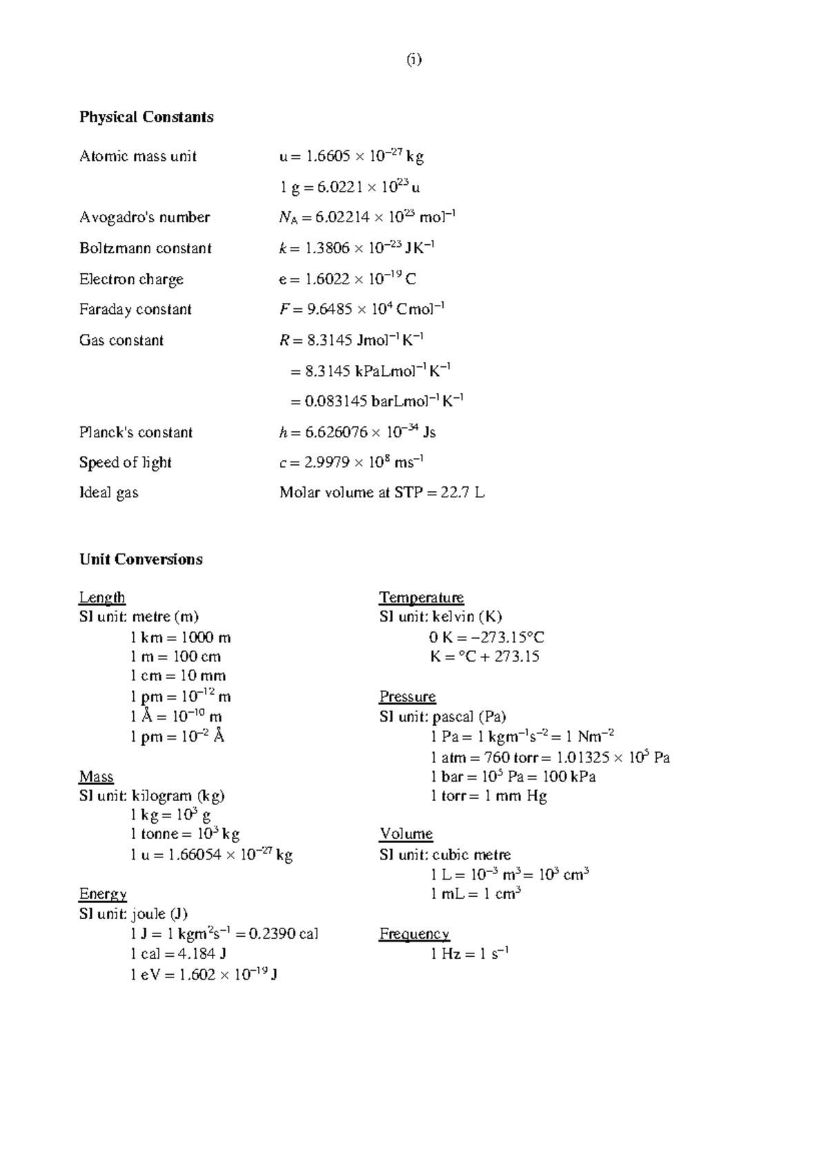 CVB101 Final Exam Formula Sheet - (i) Physical Constants Atomic mass unit u = 1 10 27 kg 1 g = 6 ...