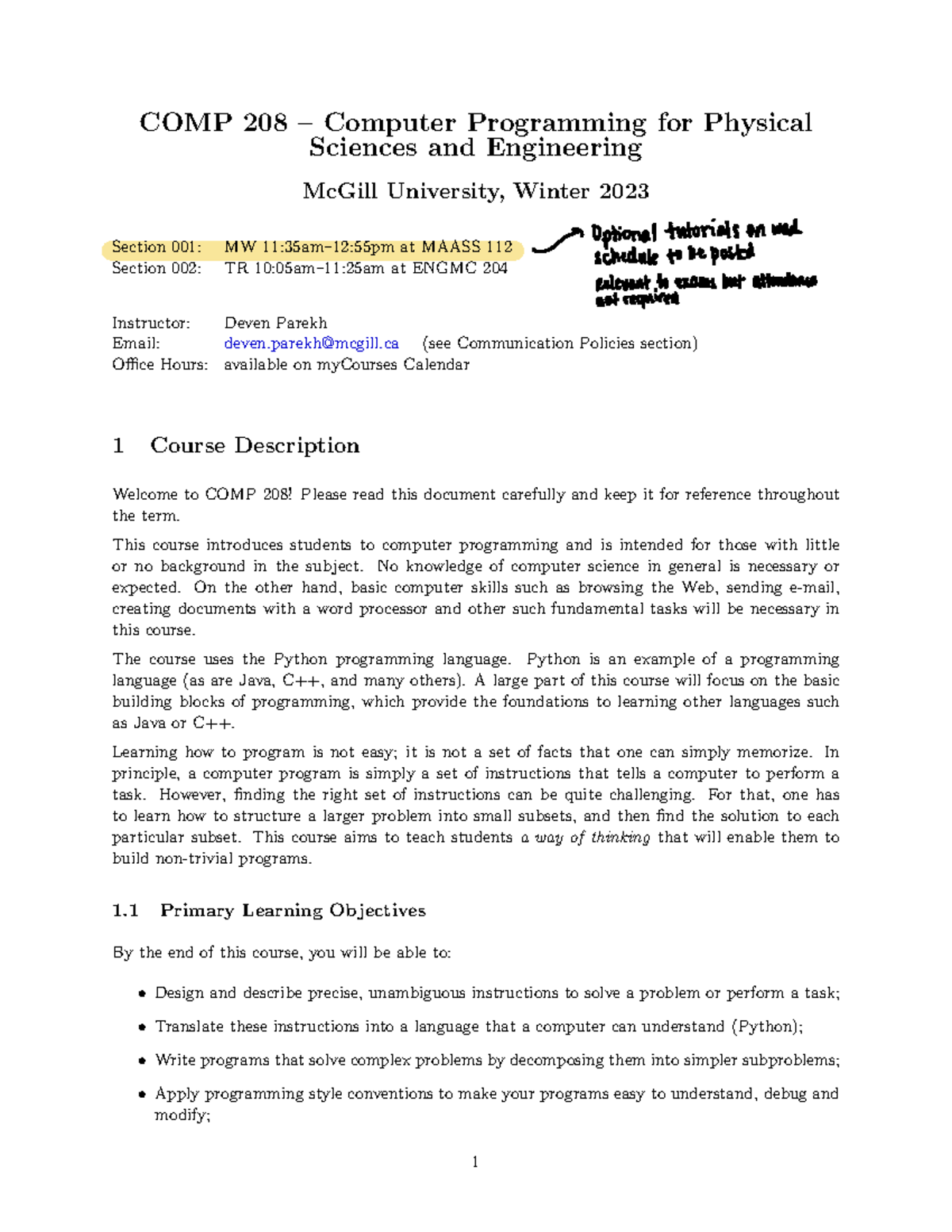Course Outline - COMP 208 - COMP 208 – Computer Programming for ...