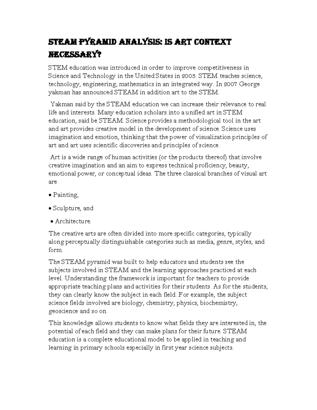 Practice 2 POE - STEAM PYRAMID ANALYSIS: IS ART CONTEXT NECESSARY? STEM education was introduced ...