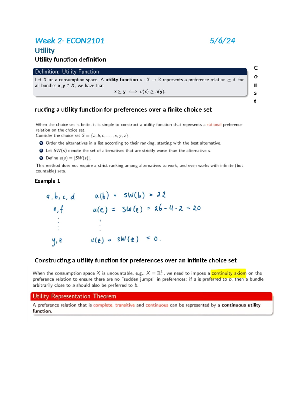 Week 2- ECON2101 - Lecture notes - Week 2- ECON2101 5/6/ Utility ...
