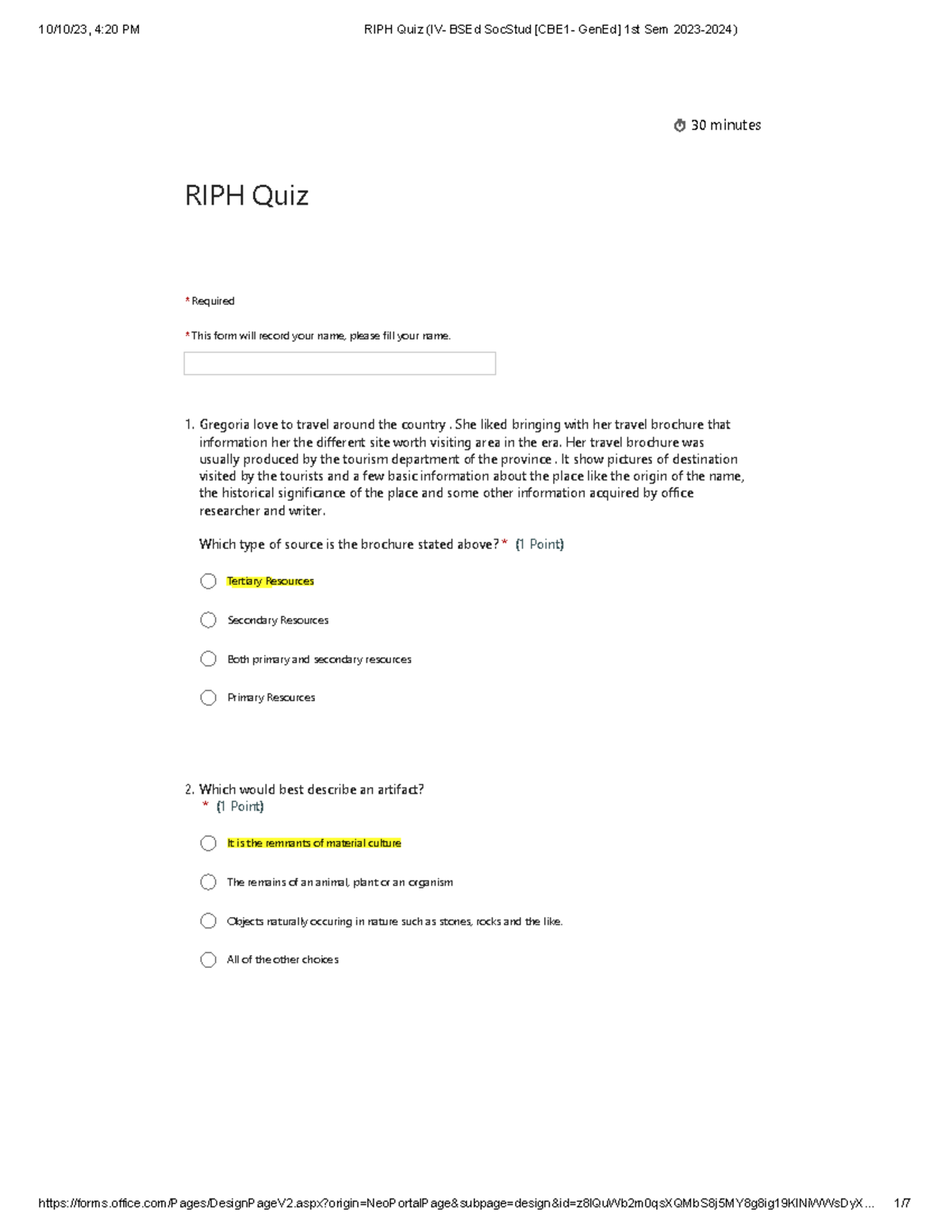 RIPH Quiz 1st Sem 2023 2024 - * Required * This form will record your ...