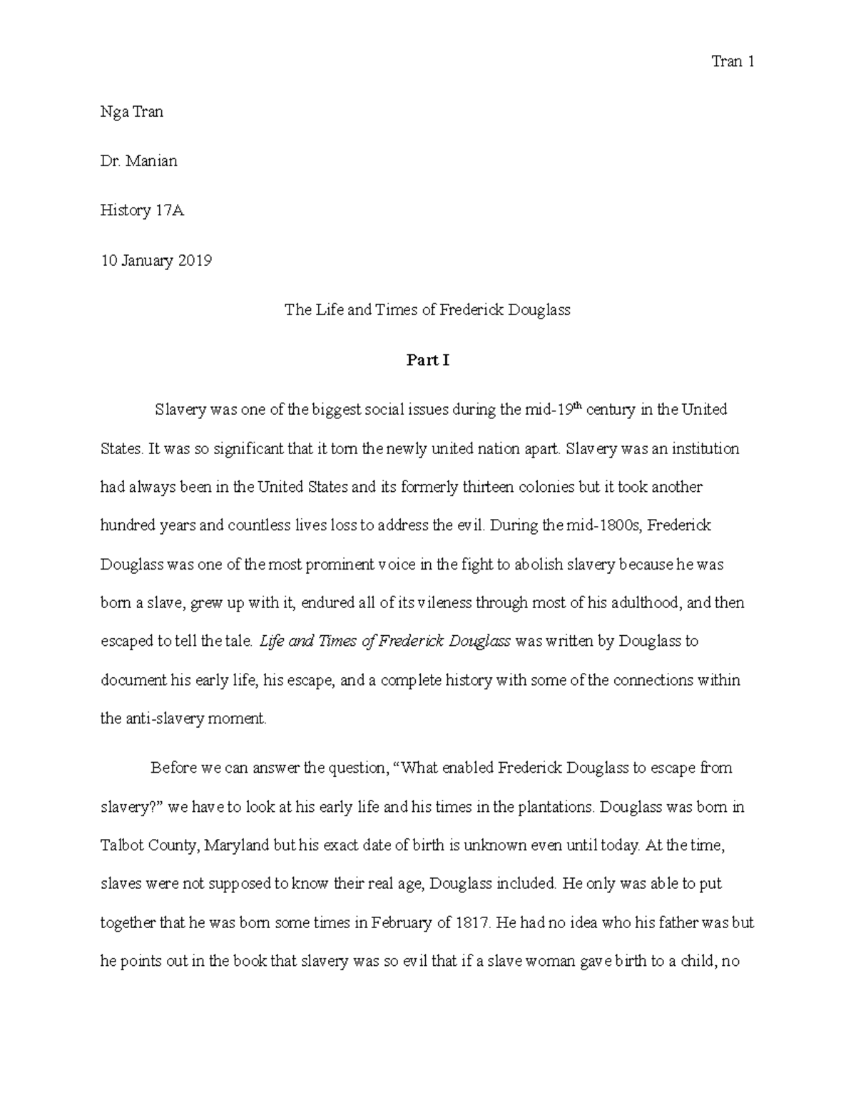 The Life and Times of Frederick Douglass: Part I - Studocu