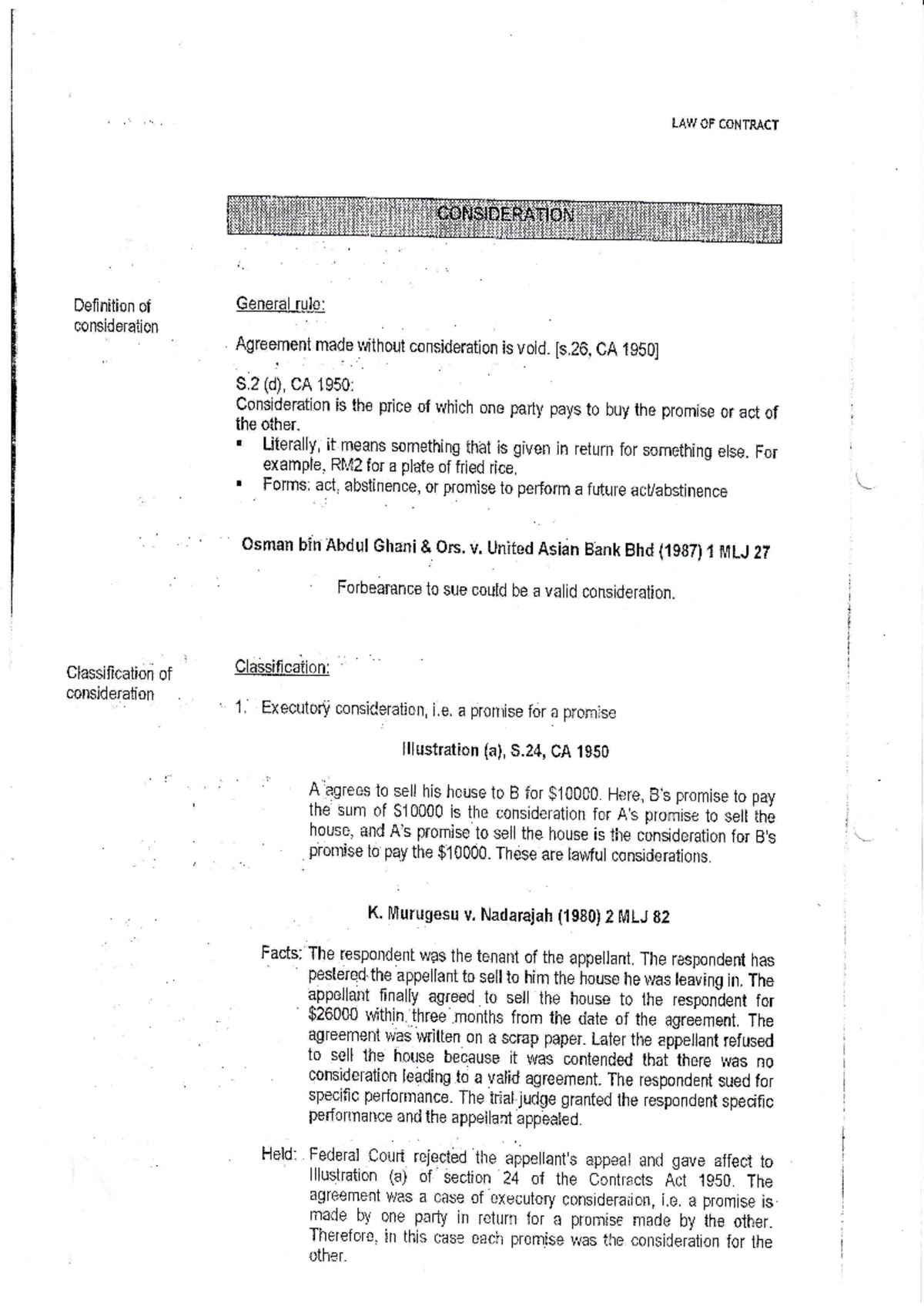 Consideration Notes - Definition of consideration Classification of ...