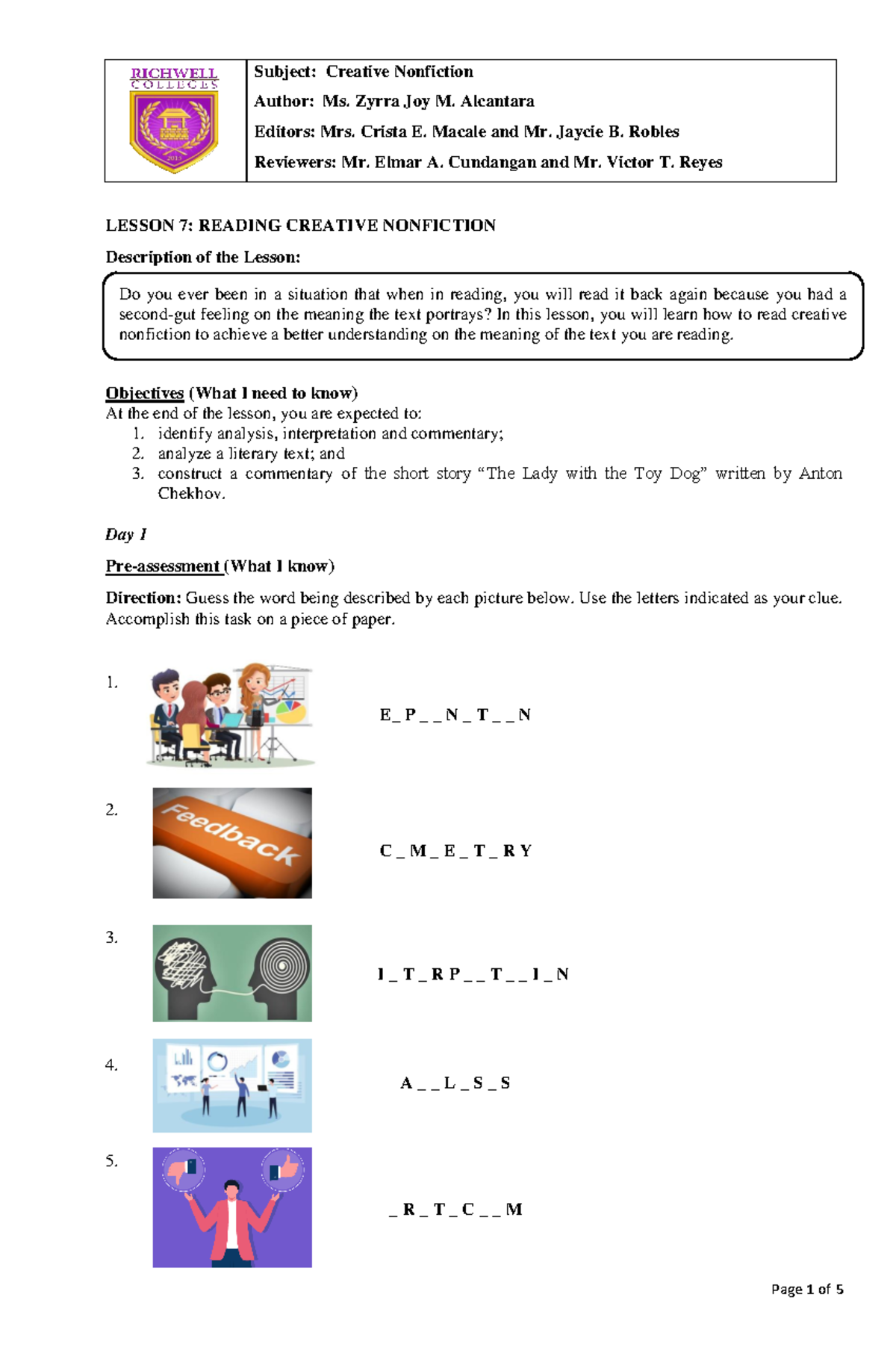 Creative Nonfiction Lesson 7 PDF - LESSON 7 : READING CREATIVE ...