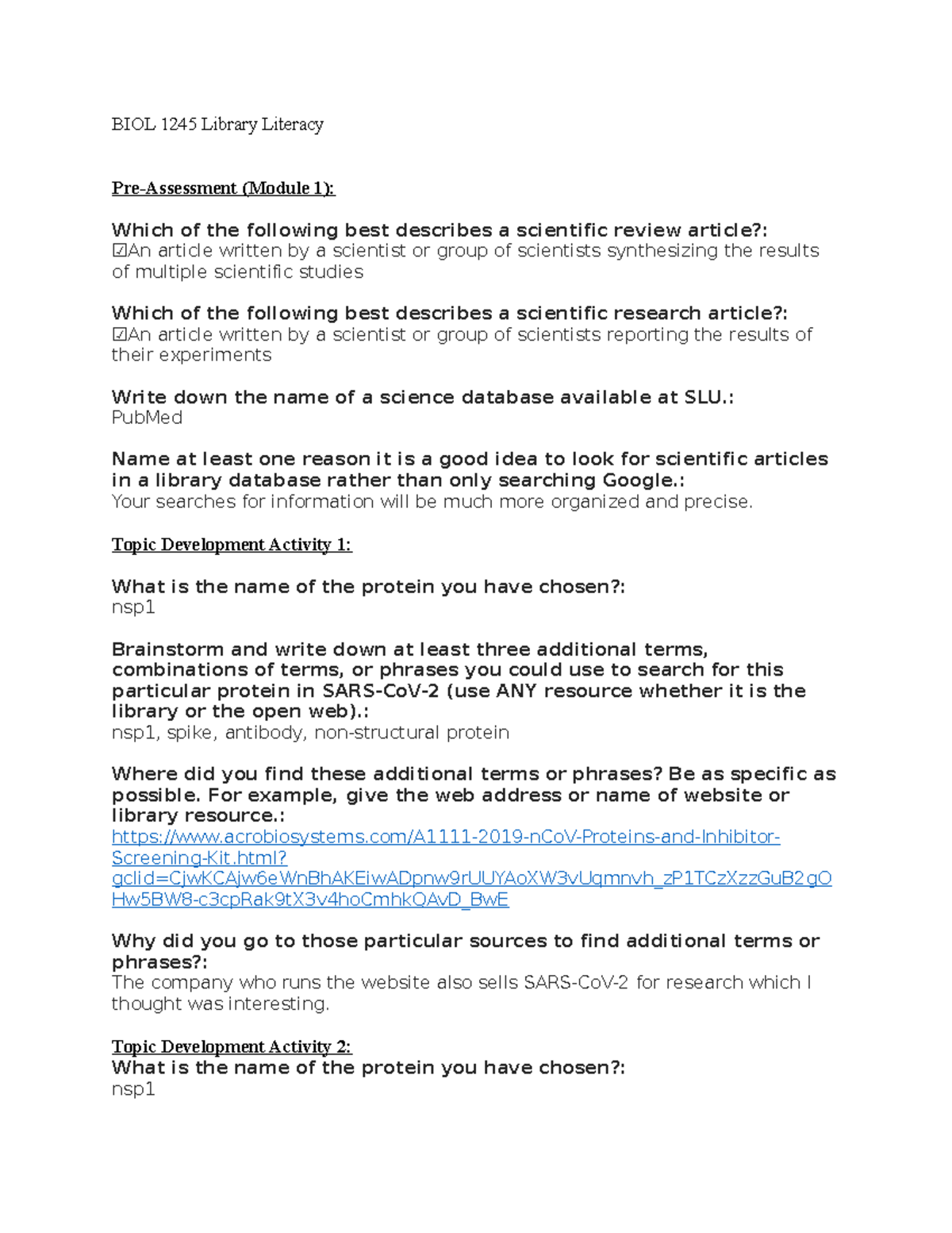 BIOL 1245 Library Literacy - BIOL 1245 Library Literacy Pre-Assessment ...