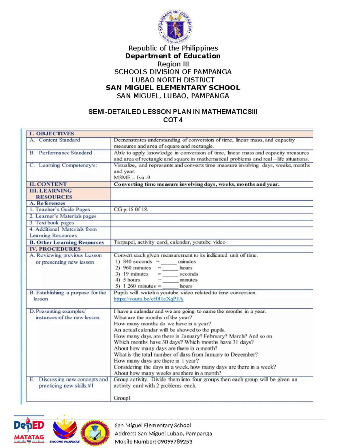 COT Q4 Math - Lesson Plan in Grade 3-Math - Bachelor of Elementary ...