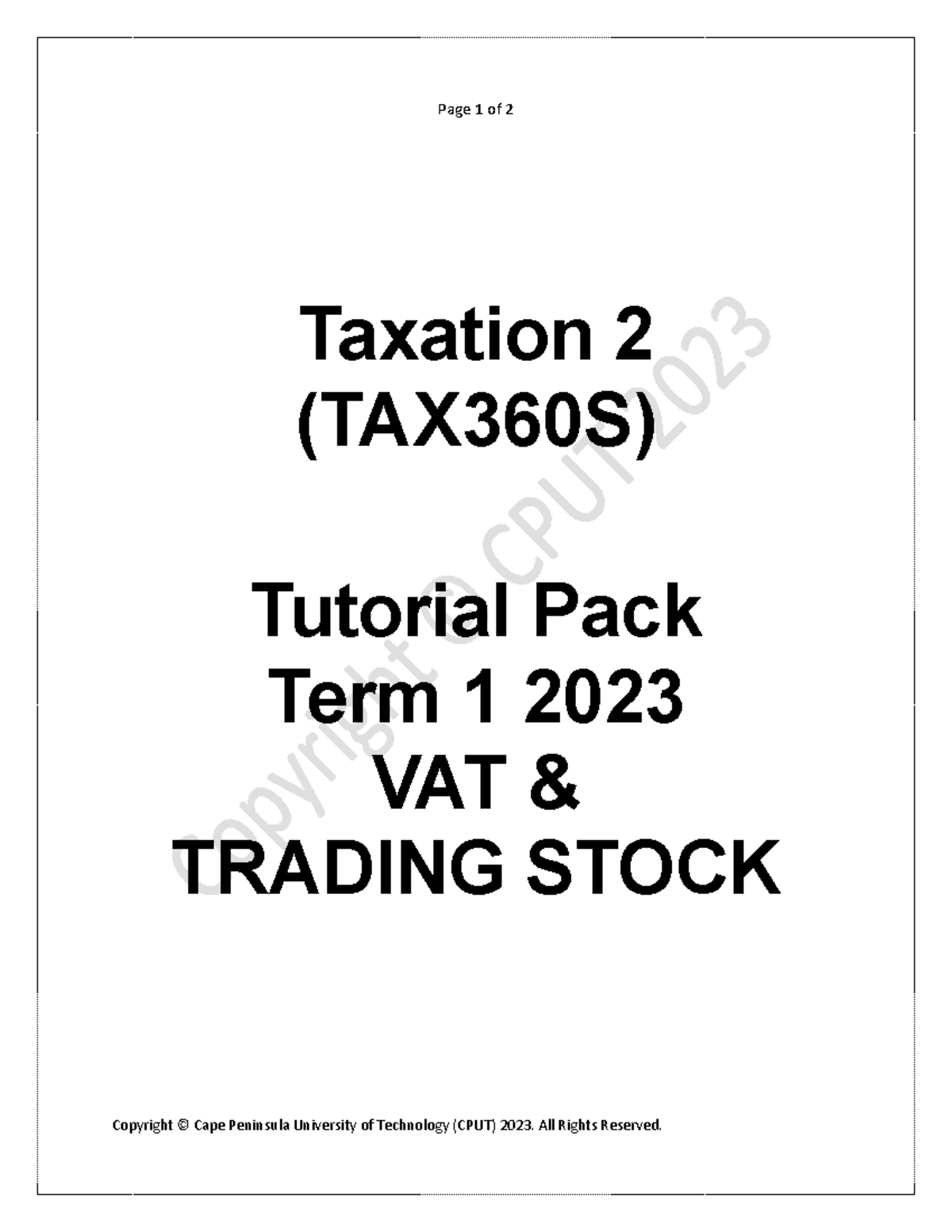 2023 Tut Pack Questions VAT & TS - Taxation 2 (TAX360S) Tutorial Pack ...