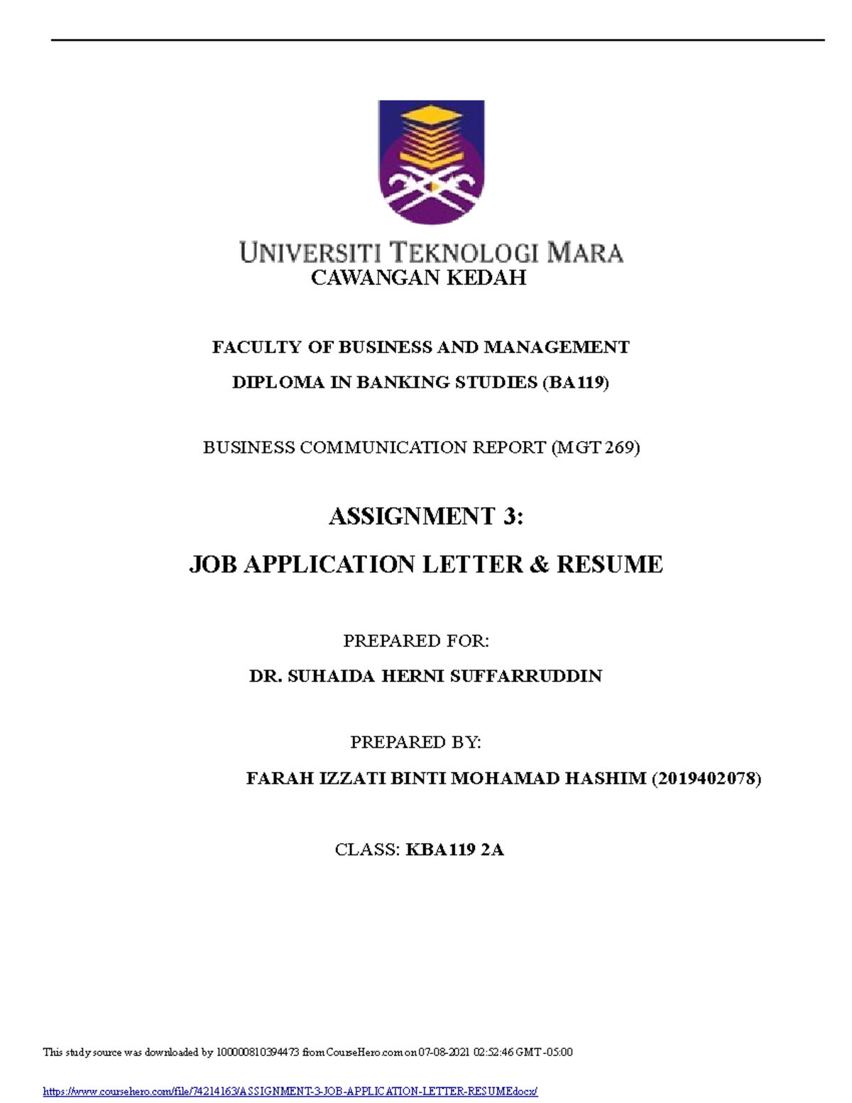 Assignment 3 JOB Application Letter Resume - Diploma Pengajian Perbankan - UiTM - Studocu