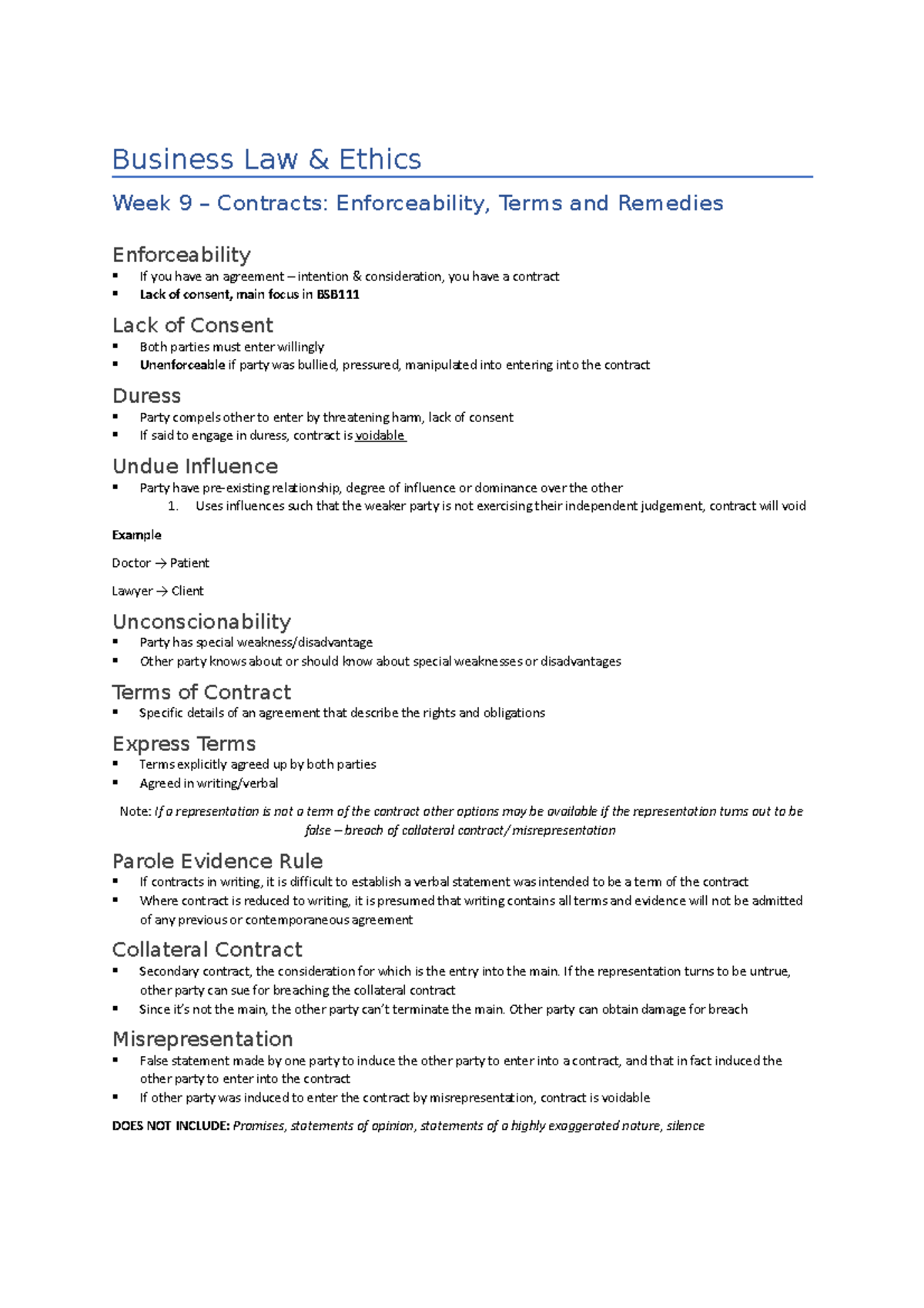 BSB111 Lecture Notes WEEK9 - Business Law & Ethics Week 9 – Contracts ...