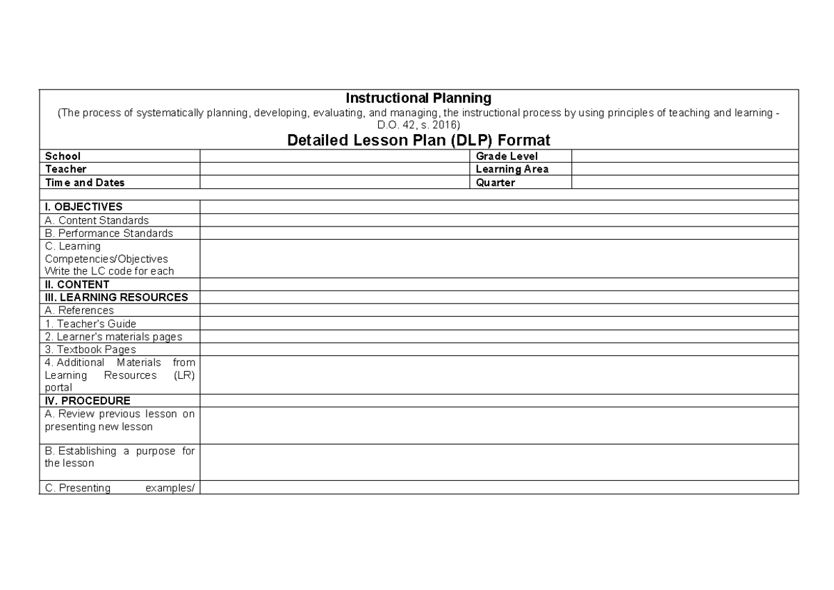 DLP- Format - Instructional Planning (The process of systematically ...