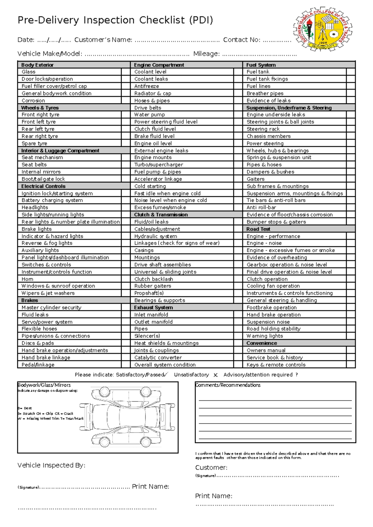 Pre Delivery Inspection edit - Comments/Recommendations Pre-Delivery ...