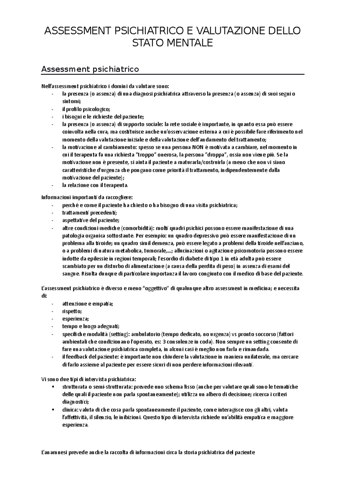 1. Esame psichico - ASSESSMENT PSICHIATRICO E VALUTAZIONE DELLO STATO ...
