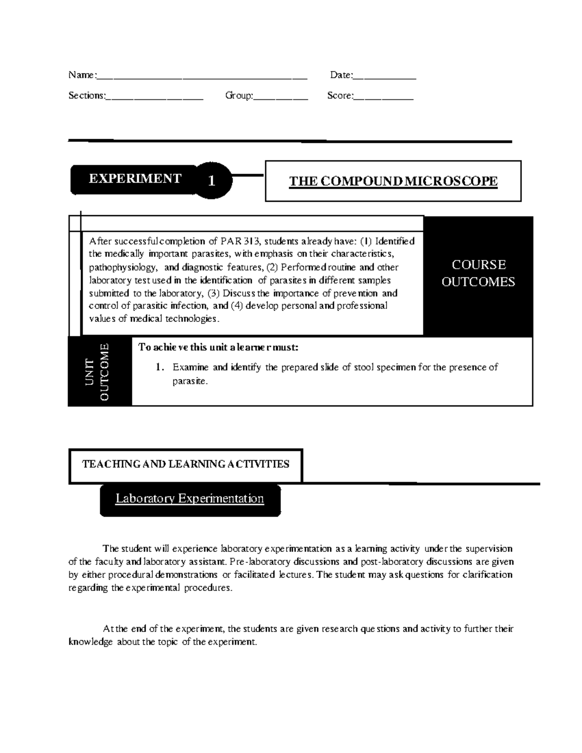 Experiment 1- Microscope - Name:________________________________________ Date:____________ - Studocu
