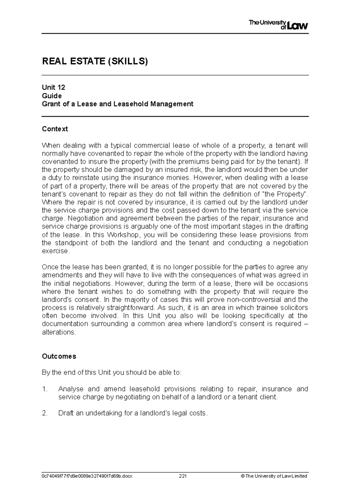 2222 re ws12 ce01 guide - REAL ESTATE (SKILLS) Unit 12 Guide Grant of a ...