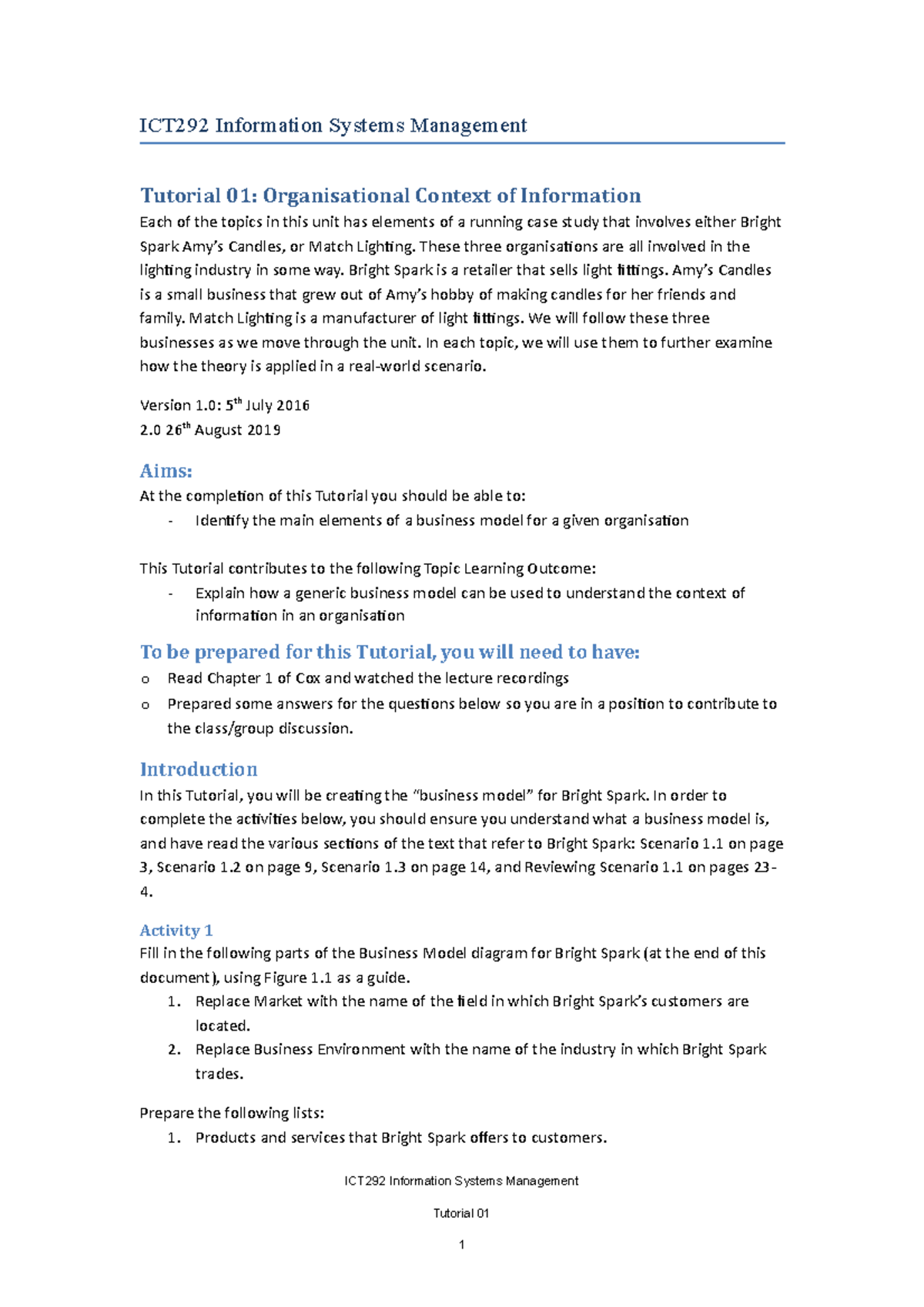 Tutorial 01 - ICT292 Information Systems Management Tutorial 01 ...