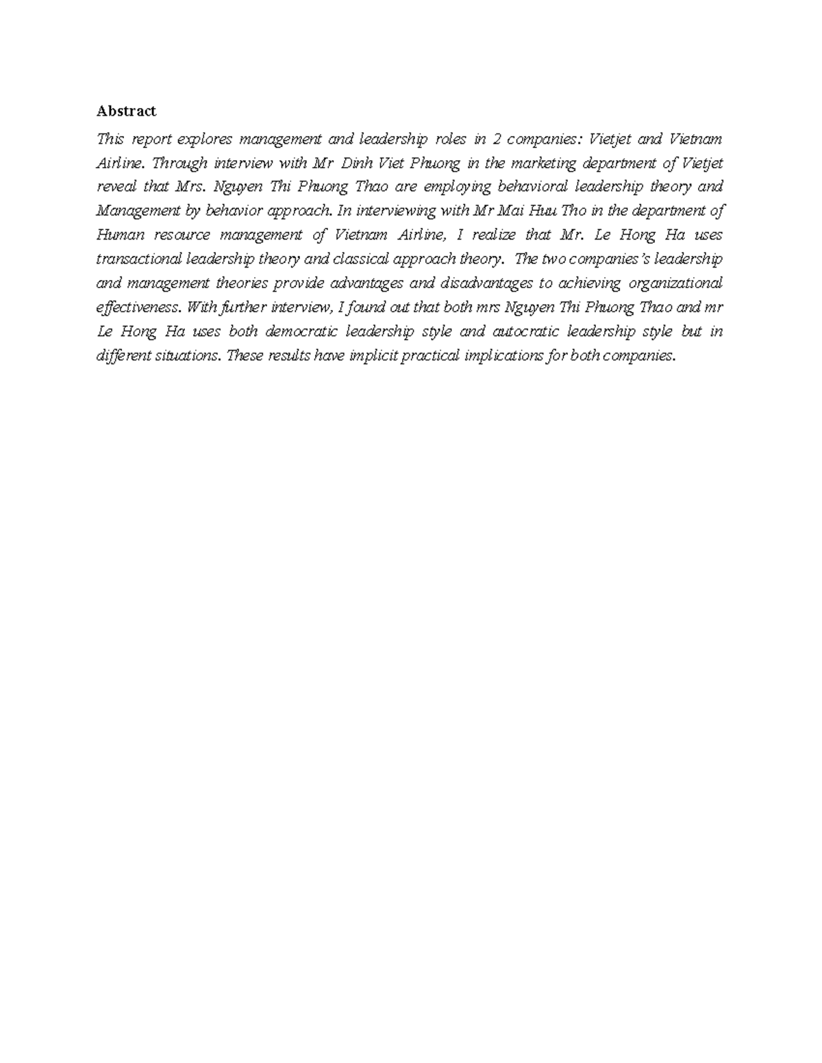 Leadership and Management A1 - Abstract This report explores management ...