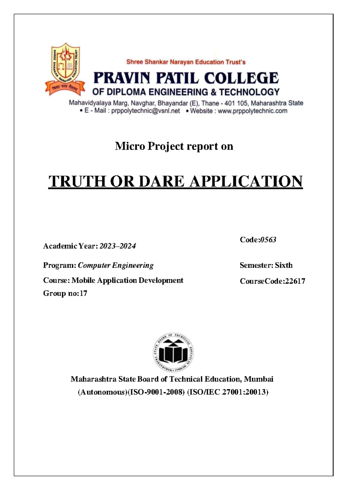 MAD Final - Micro Project report on TRUTH OR DARE APPLICATION Academic Year: 2023 – 2024 Code ...