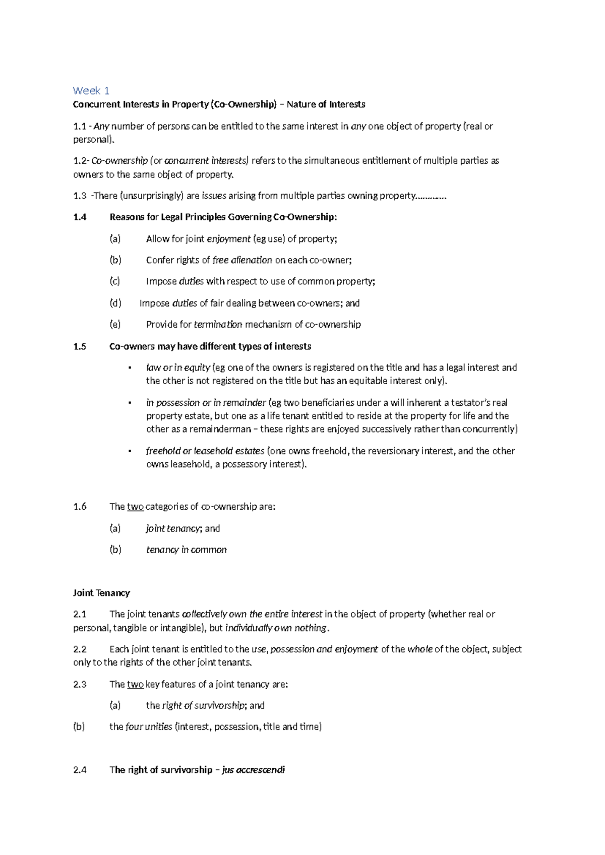 Prop 2 Exam Notes - Week 1 Concurrent Interests in Property (Co ...