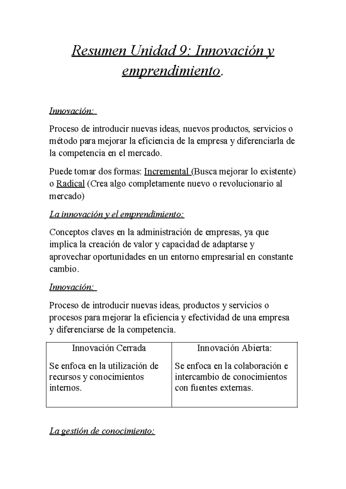 Resumen Unidad 9 - fghhjj - Resumen Unidad 9: Innovación y ...