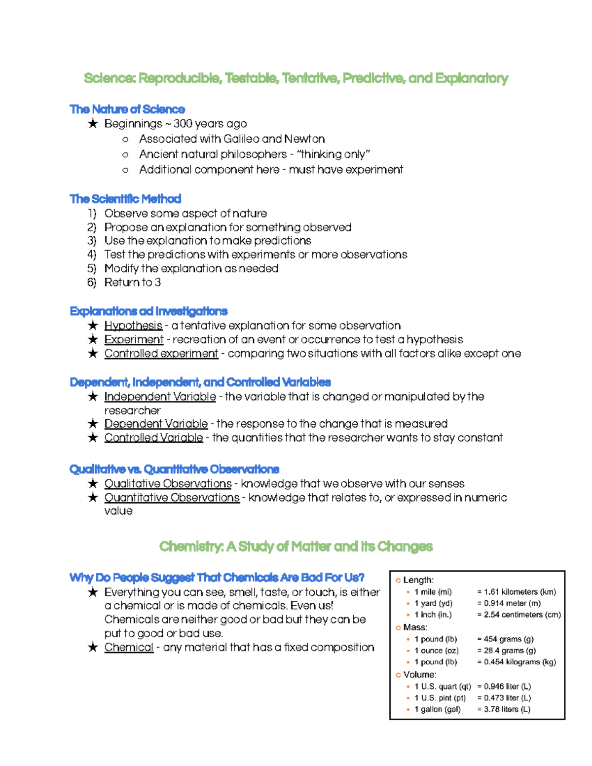 Intro to Chemistry Notes - Science: Reproducible, Testable, Tentative ...