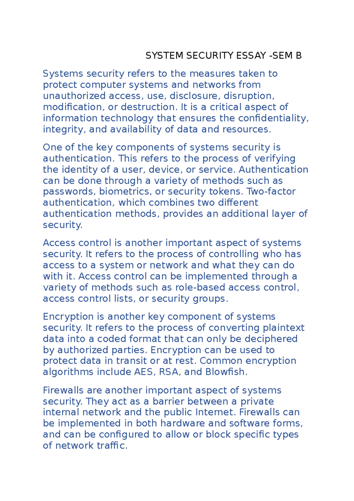 System Security Essay- SEM B - SYSTEM SECURITY ESSAY -SEM B Systems ...