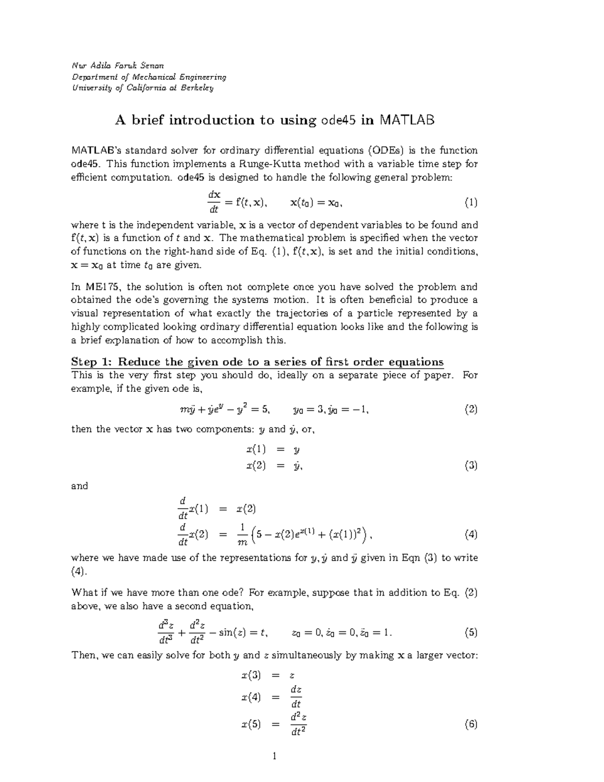 Werkstuk - A brief introduction to using ode45 in MATLAB ... Werkstuk - A brief introduction to using ode45 in MATLAB ...