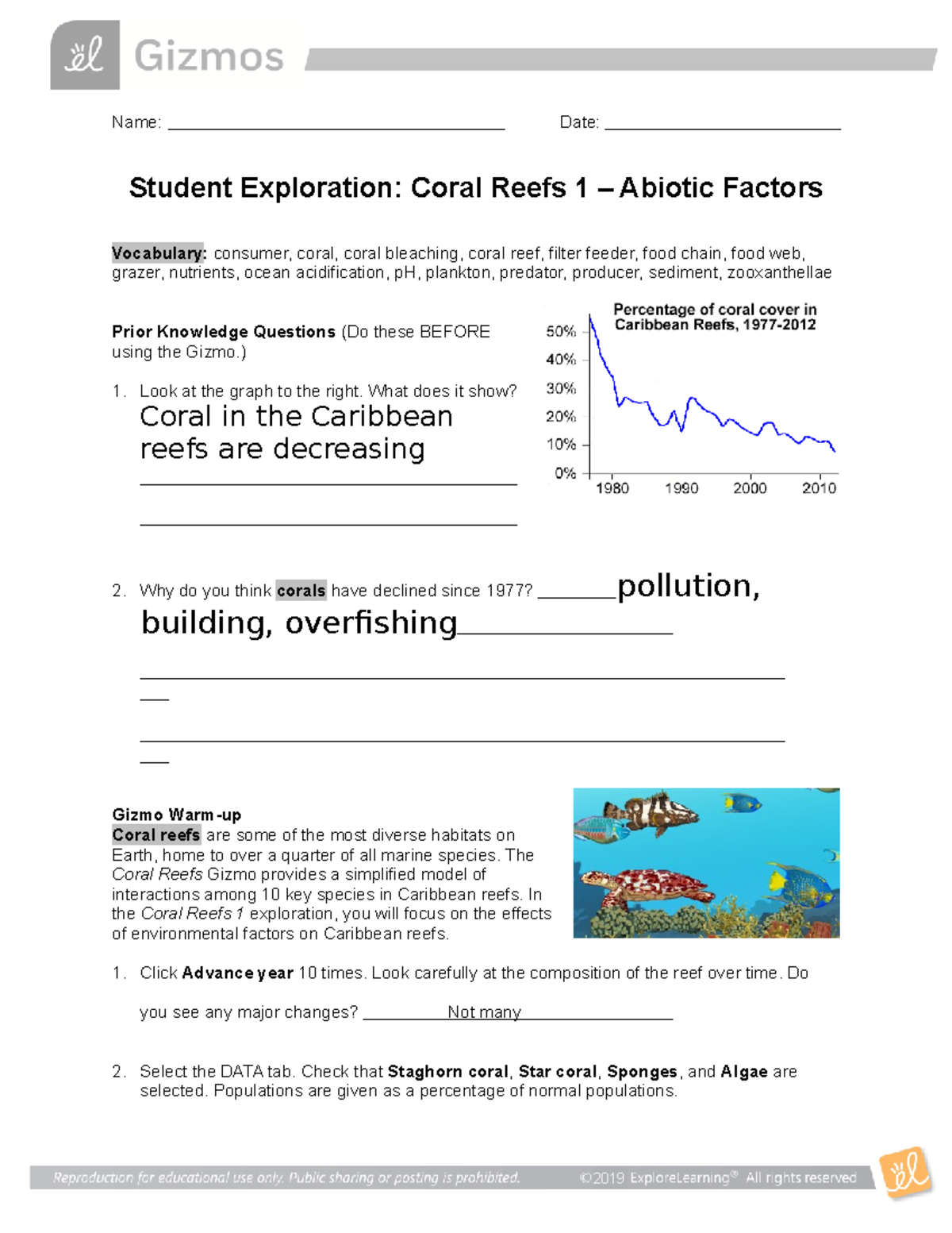 Coral Reef 1SE 1 - work(: - Name: Date: Student Exploration: Coral ...