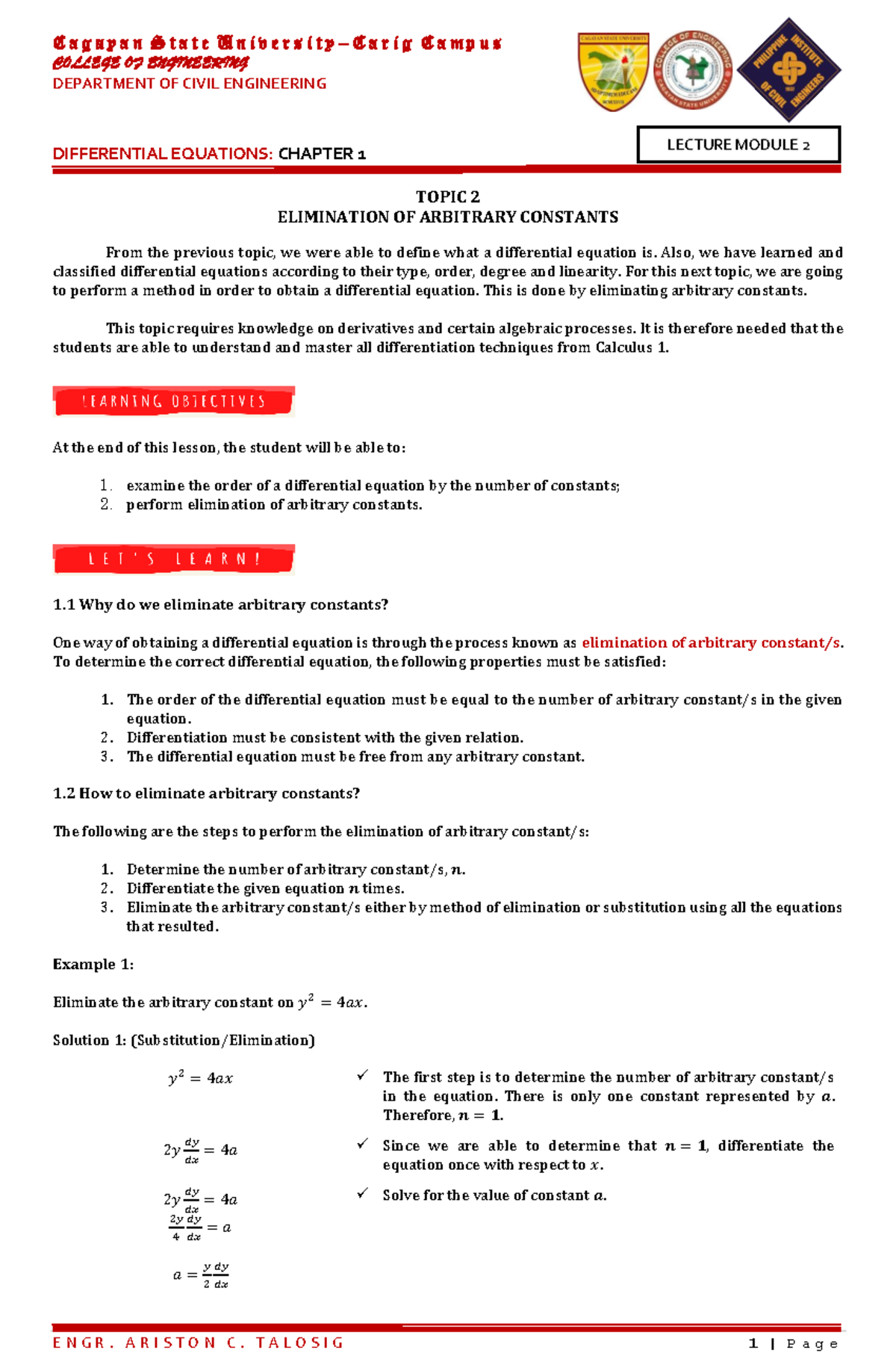 Elimination Of Arbitrary Constants Module 2 COLLEGE OF ENGINEERING