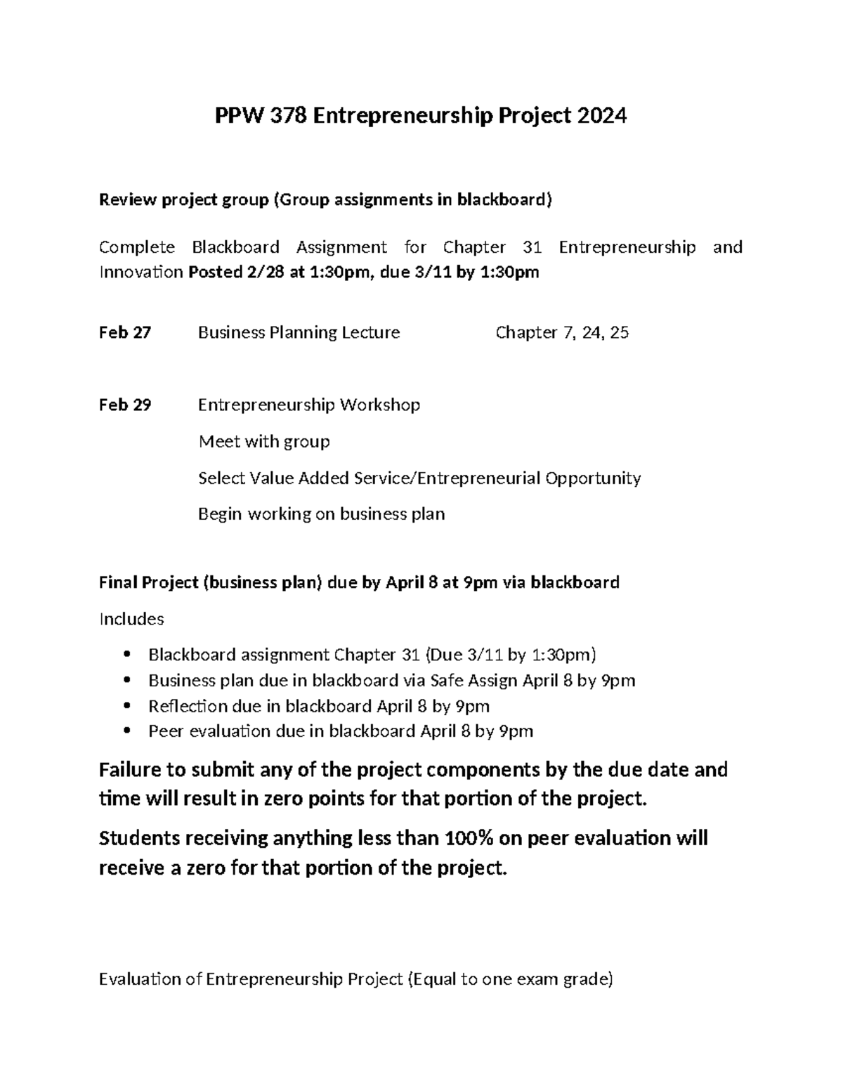 PPW 378 Entrepreneurship Project syllabus 2024 - PPW 378 ...