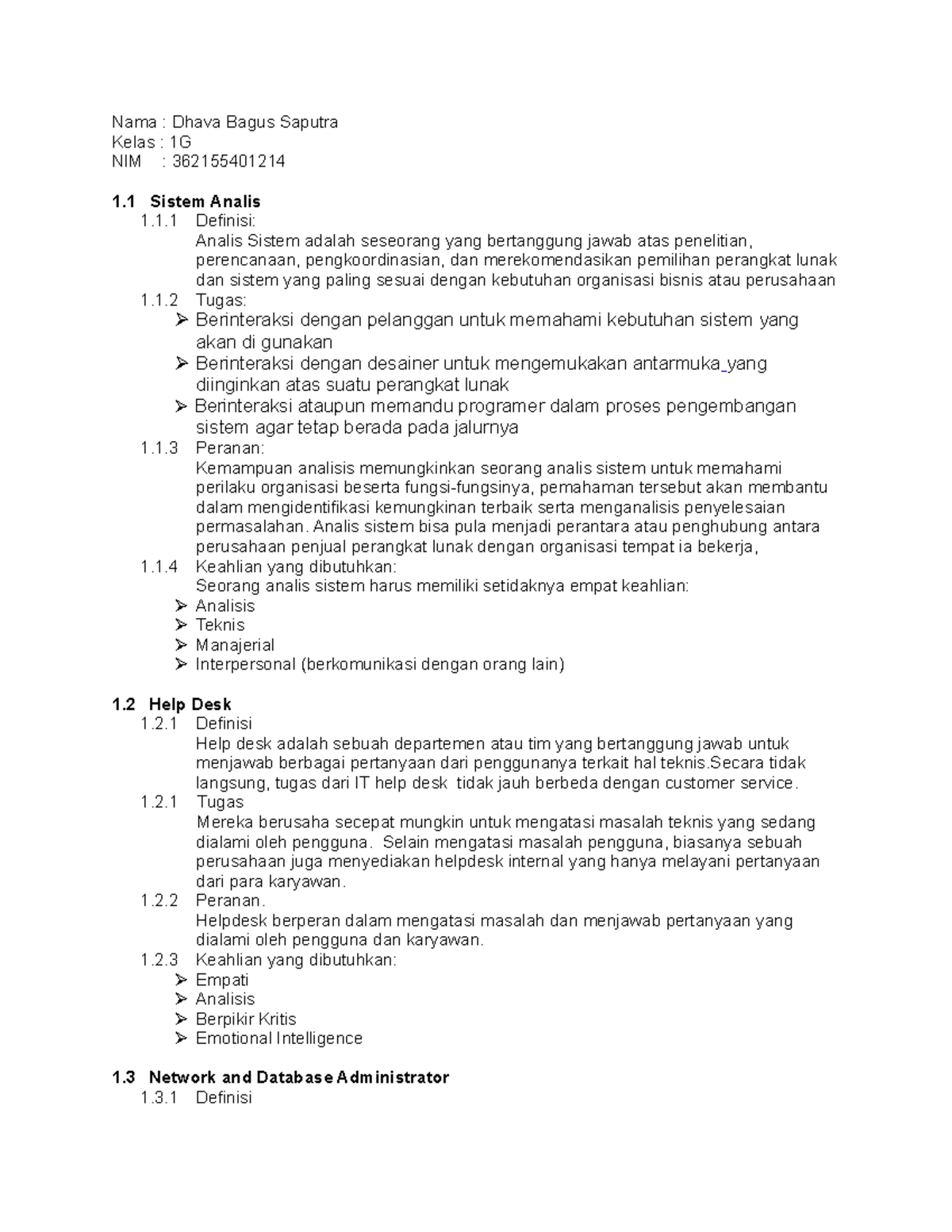 Tugas DSI Dhava 1G - Rangkuman Dasar Sistem Informasi - Nama : Dhava Bagus Saputra Kelas : 1G ...