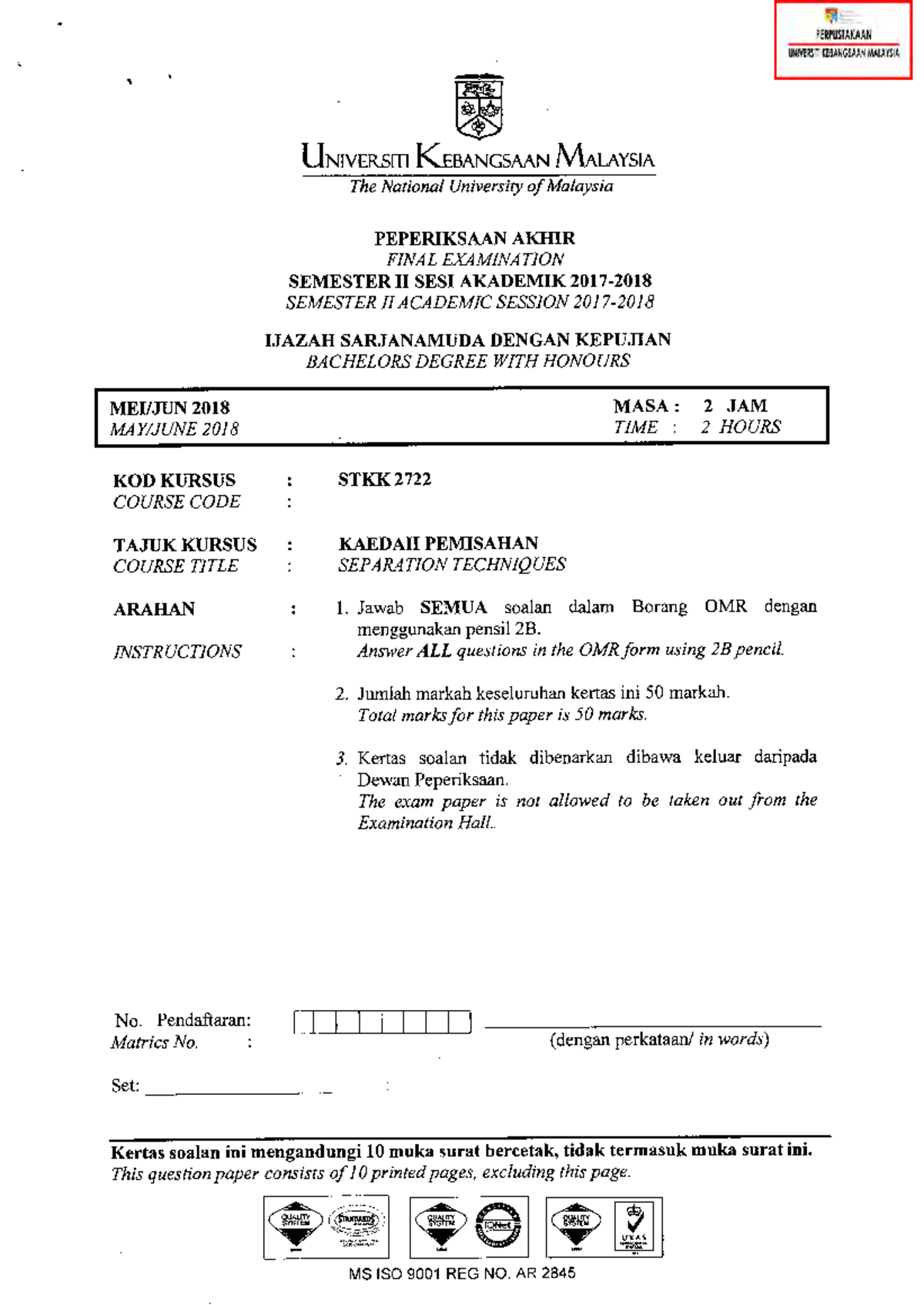 PAST Years 1718 - THIS PAPER IS ABOUT KAEDAH PEMISAHAN - ONE UNIvEICSm ...