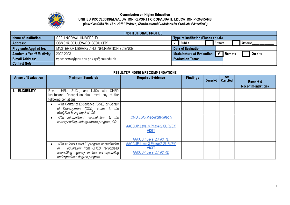 647583732 Self Evaluation Tool CMO15 2019 MLIS Thesis Track 2022 - Commission on Higher ...