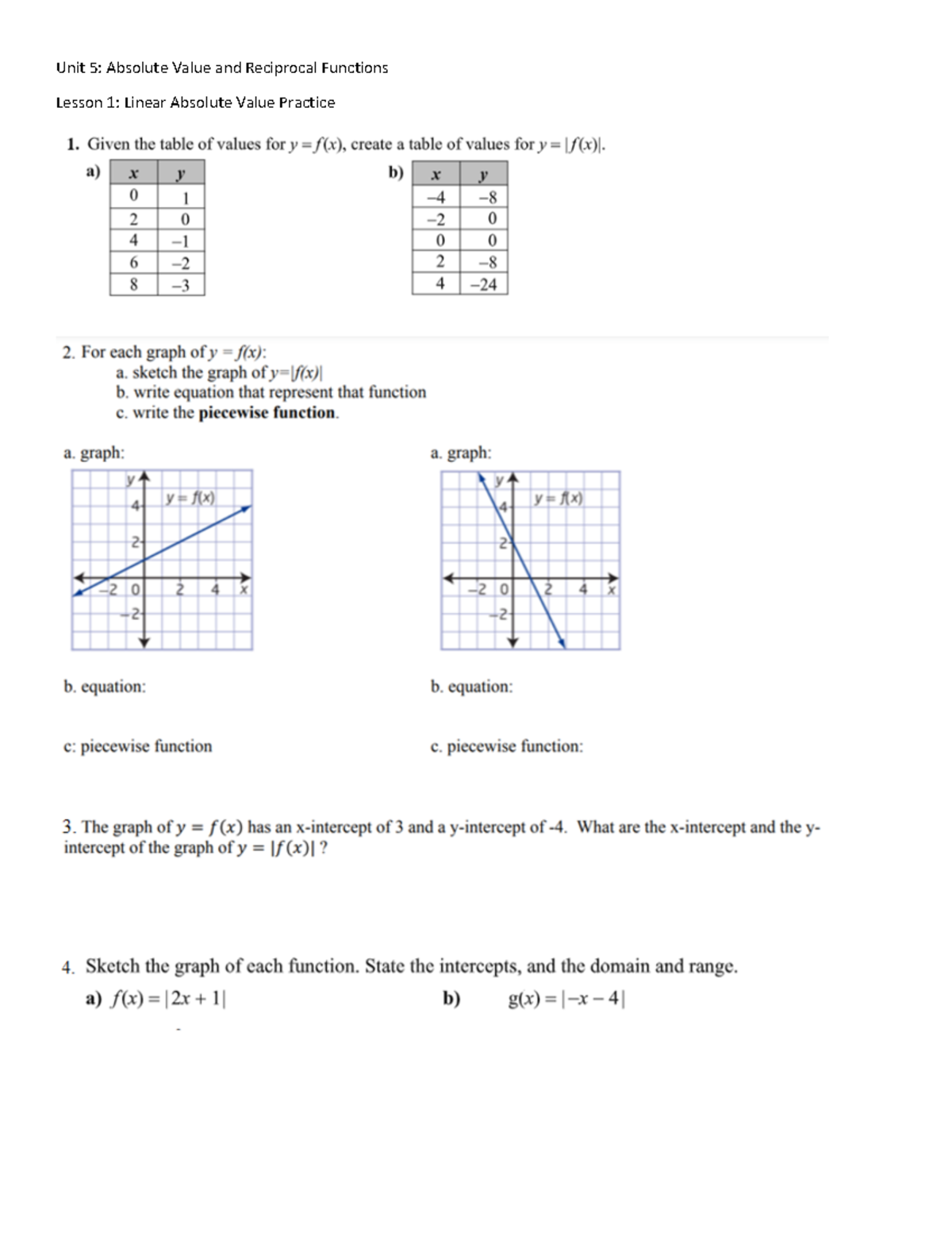 Lesson 4 - Linear Absolute Value Practice - CS103 - Unit 5: Absolute Value and Reciprocal ...