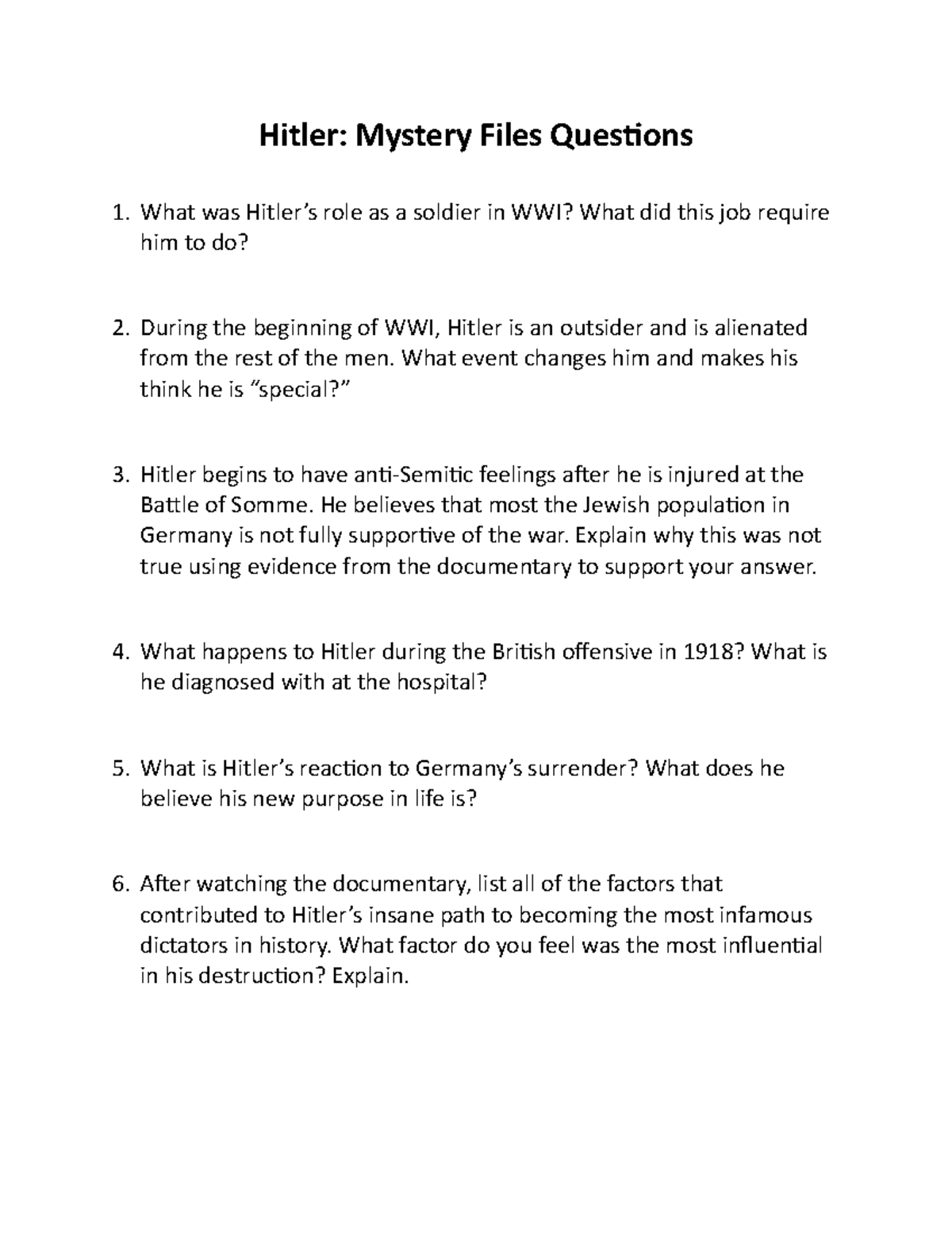 Hitler in WWI Questions-1 - Hitler: Mystery Files Questions What was ...