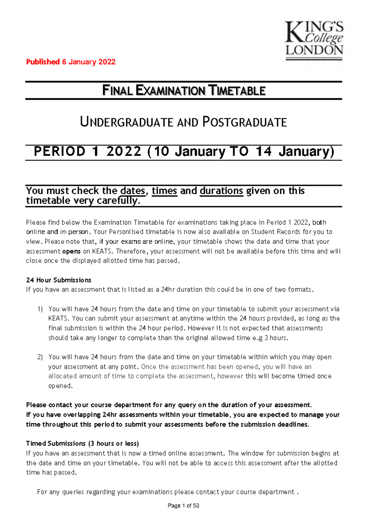 Final period 1 jan 2022 exams timetable - Published 6 January 2022 ...