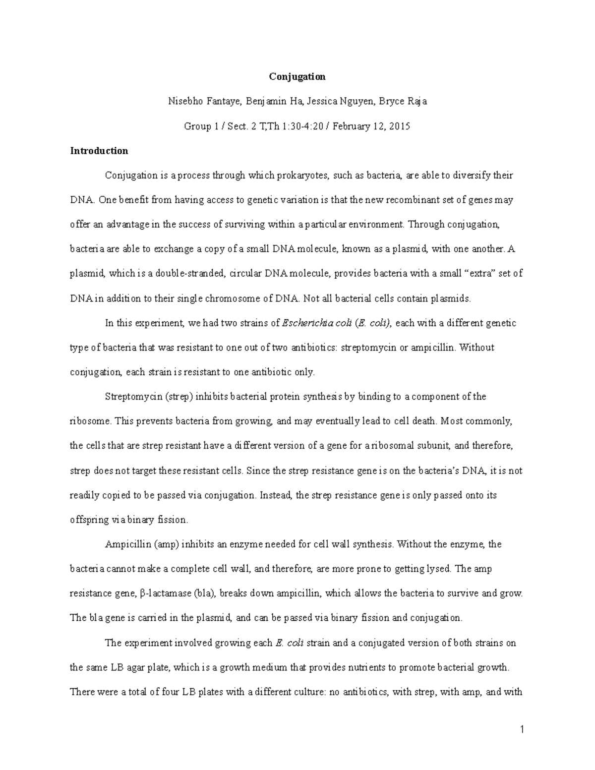 Conjugation Lab - study guide - Conjugation Nisebho Fantaye, Benjamin ...