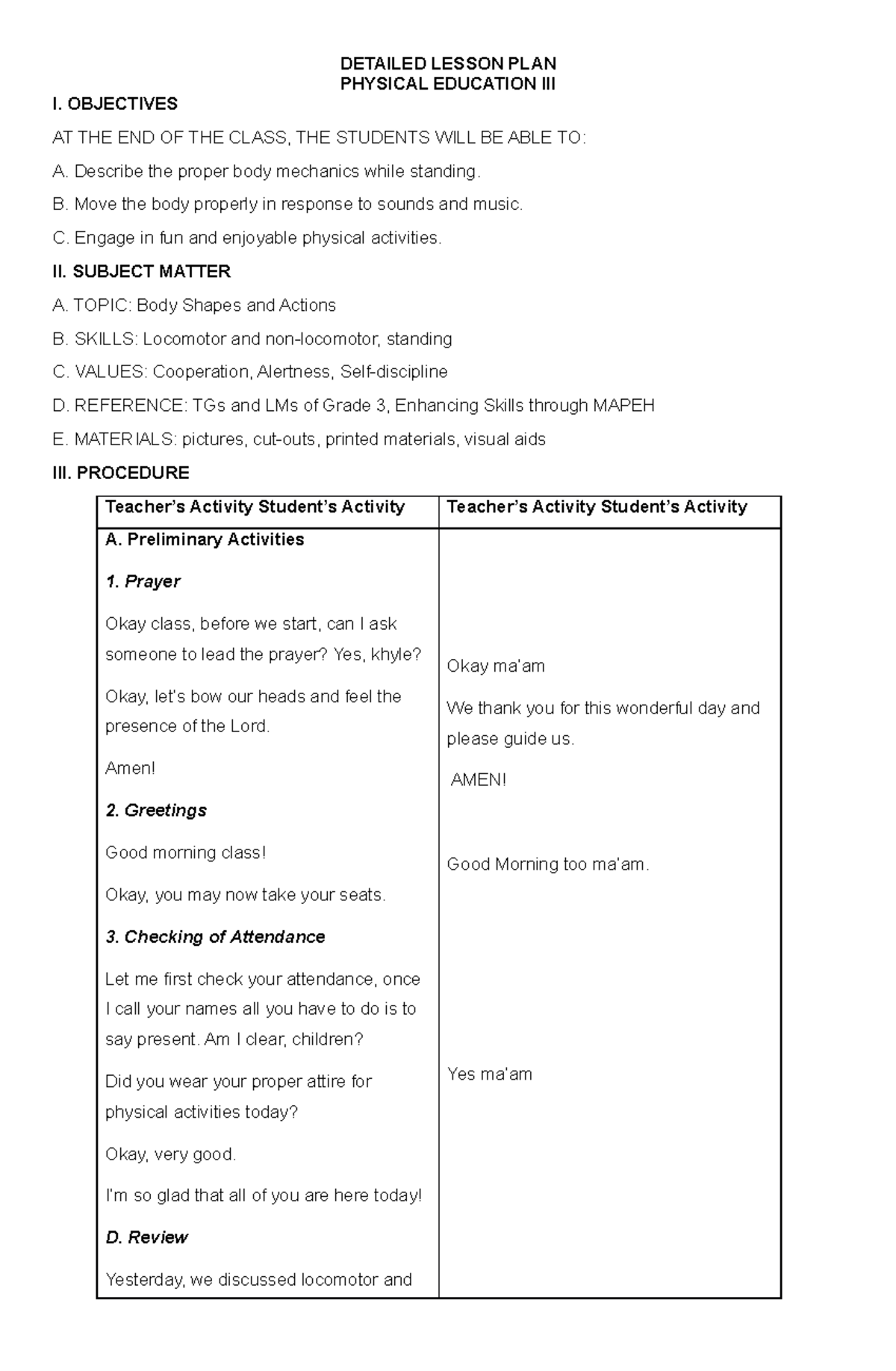 Detailed Lesson PLAN IN PEH - DETAILED LESSON PLAN PHYSICAL EDUCATION ...