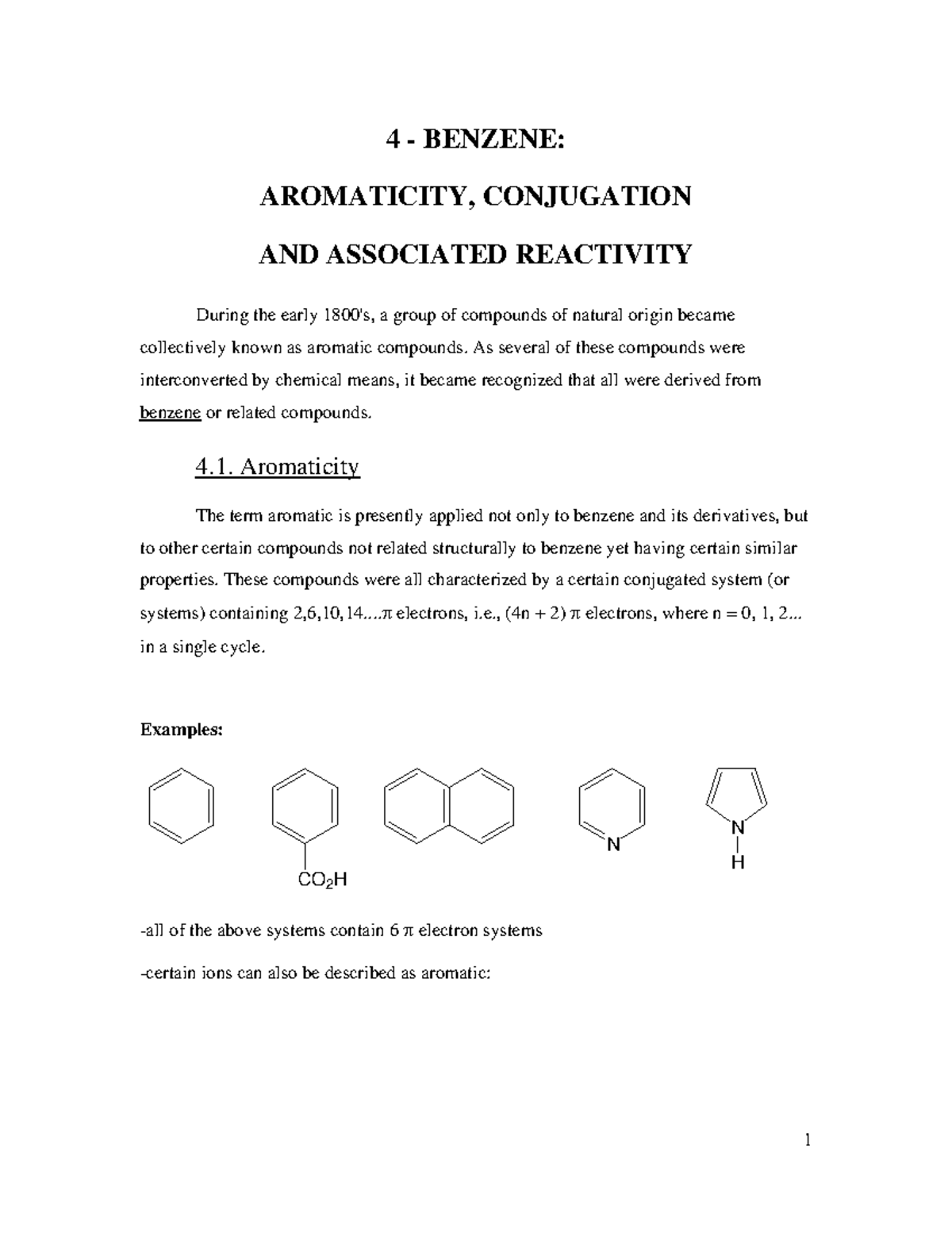 Chapter 4 - Lecture notes 4 - 4 - BENZENE: AROMATICITY, CONJUGATION AND ...